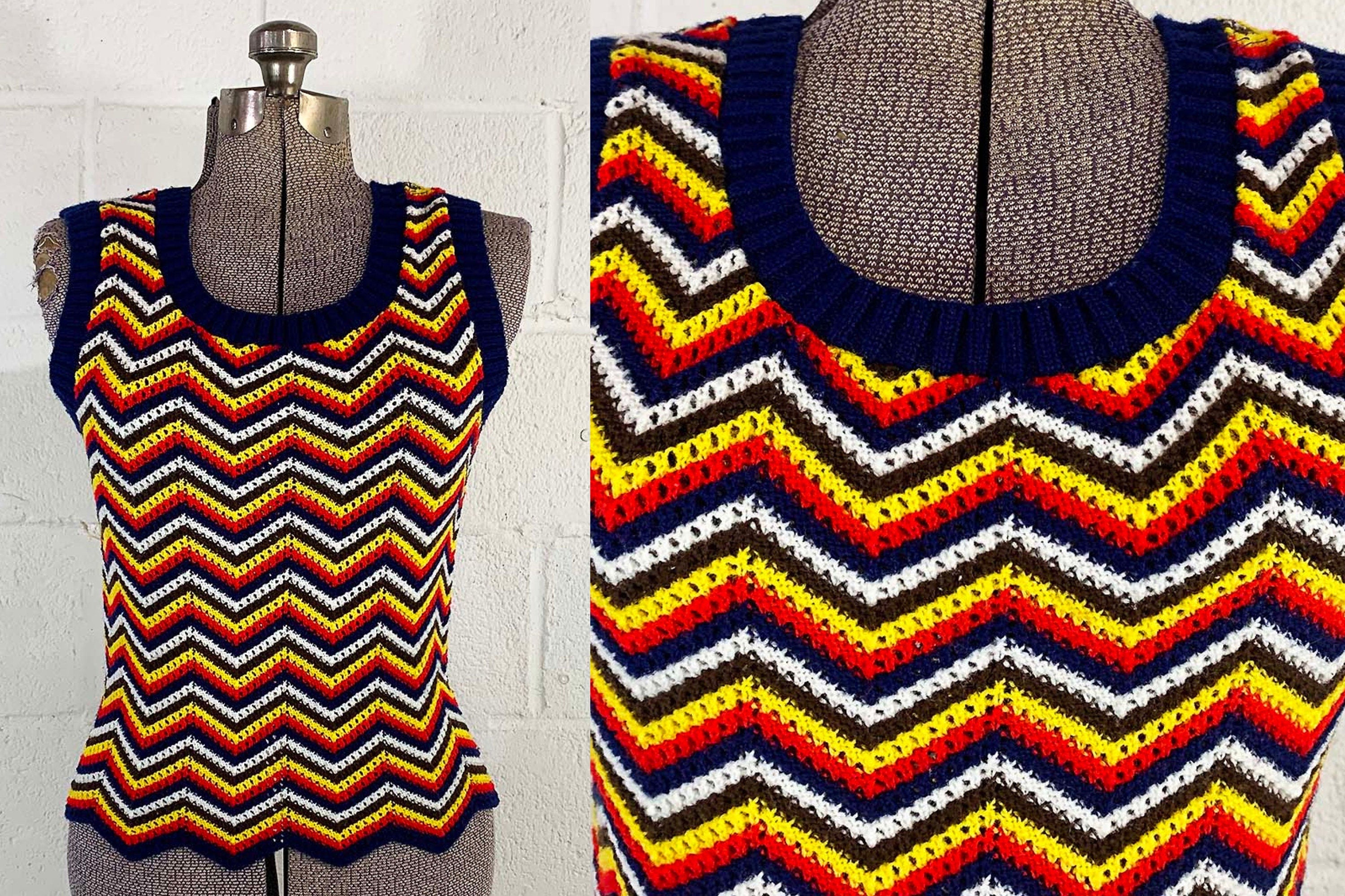 Vintage Chevron Sleeveless Sweater Vest Tank Mod Navy Blue Red Yellow ...