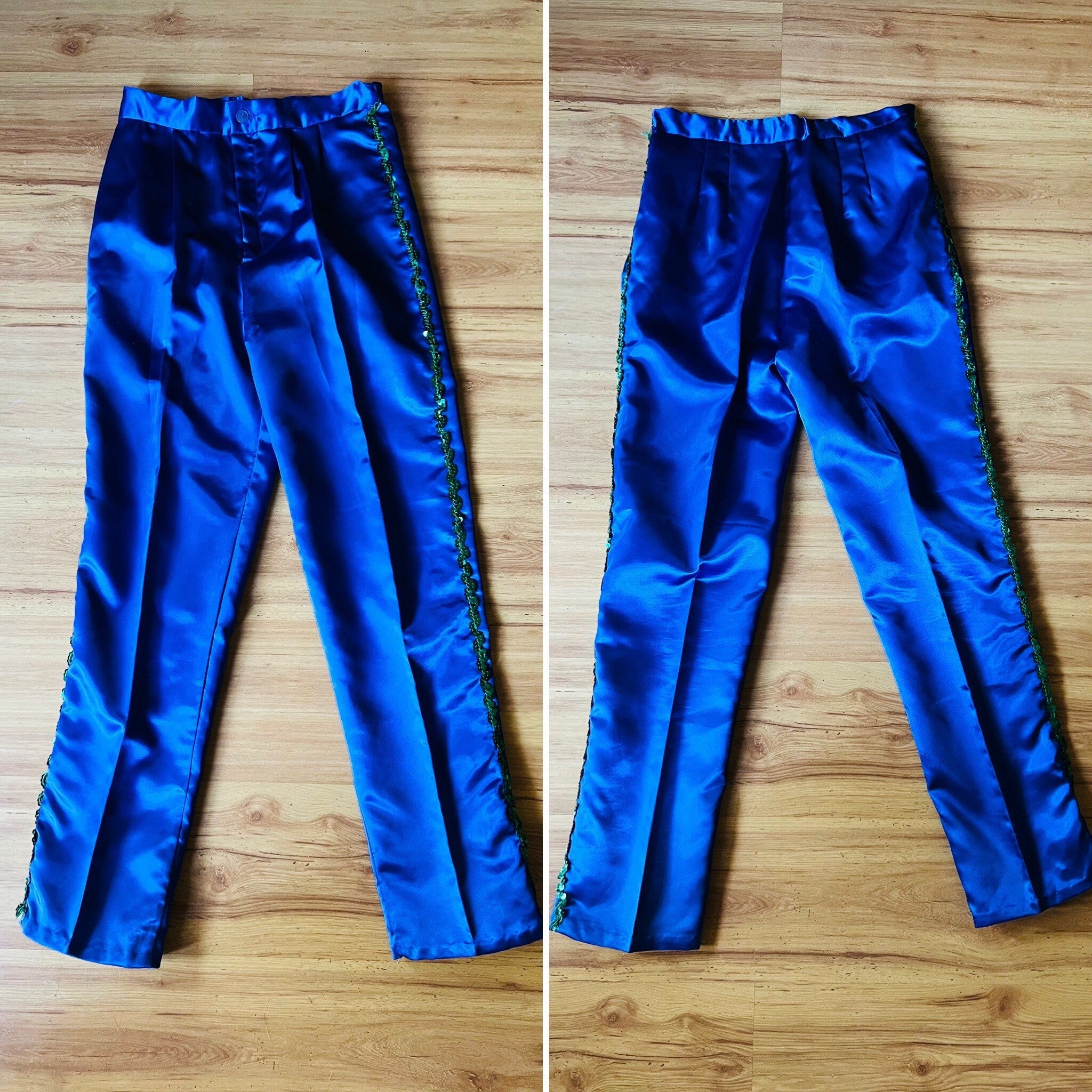 Vintage 80s Blue Satin Trousers W Green Sequin Trim | Shop THRILLING