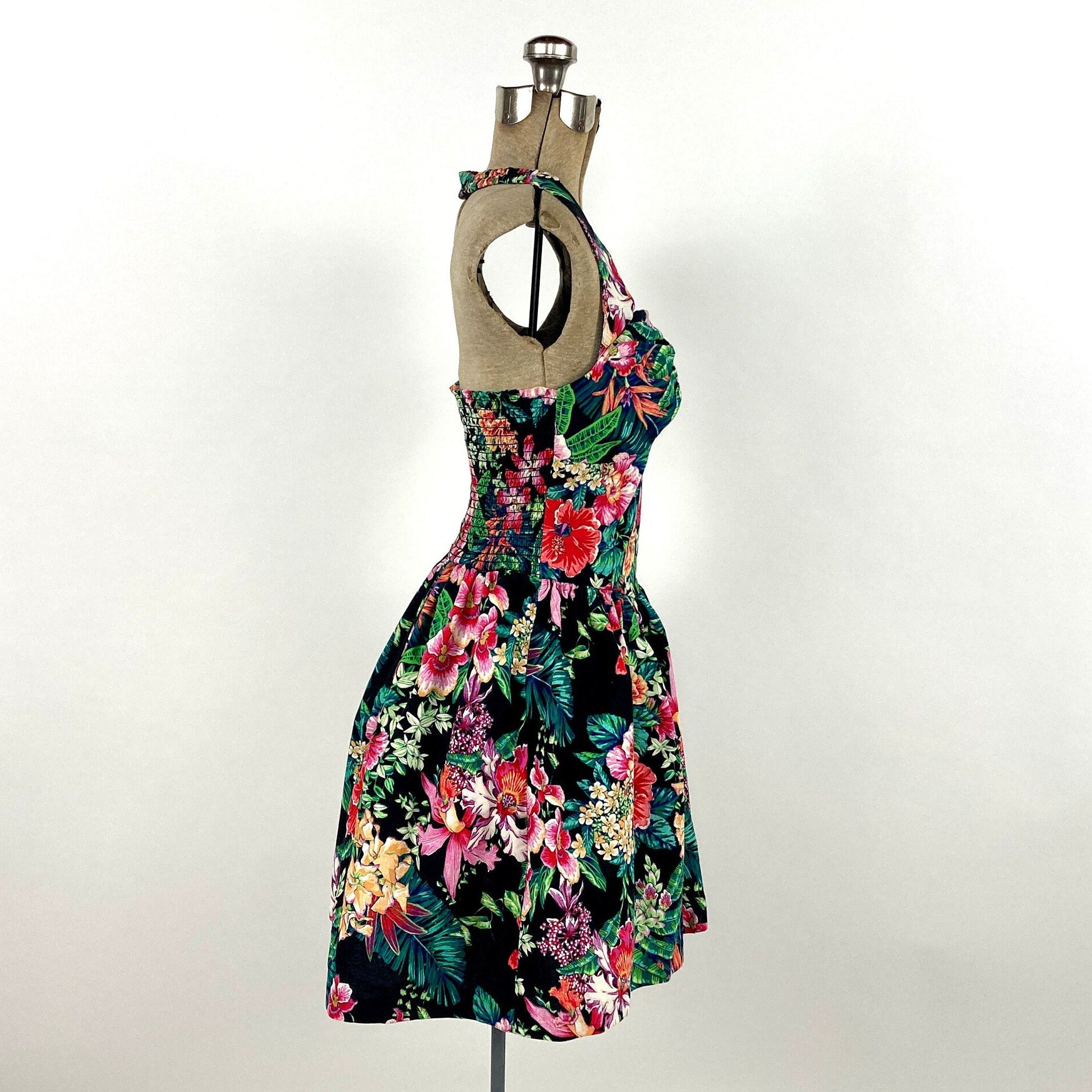 Vintage 80s Pin Up Black Floral Cotton Mini Dress Sweetheart Corset ...