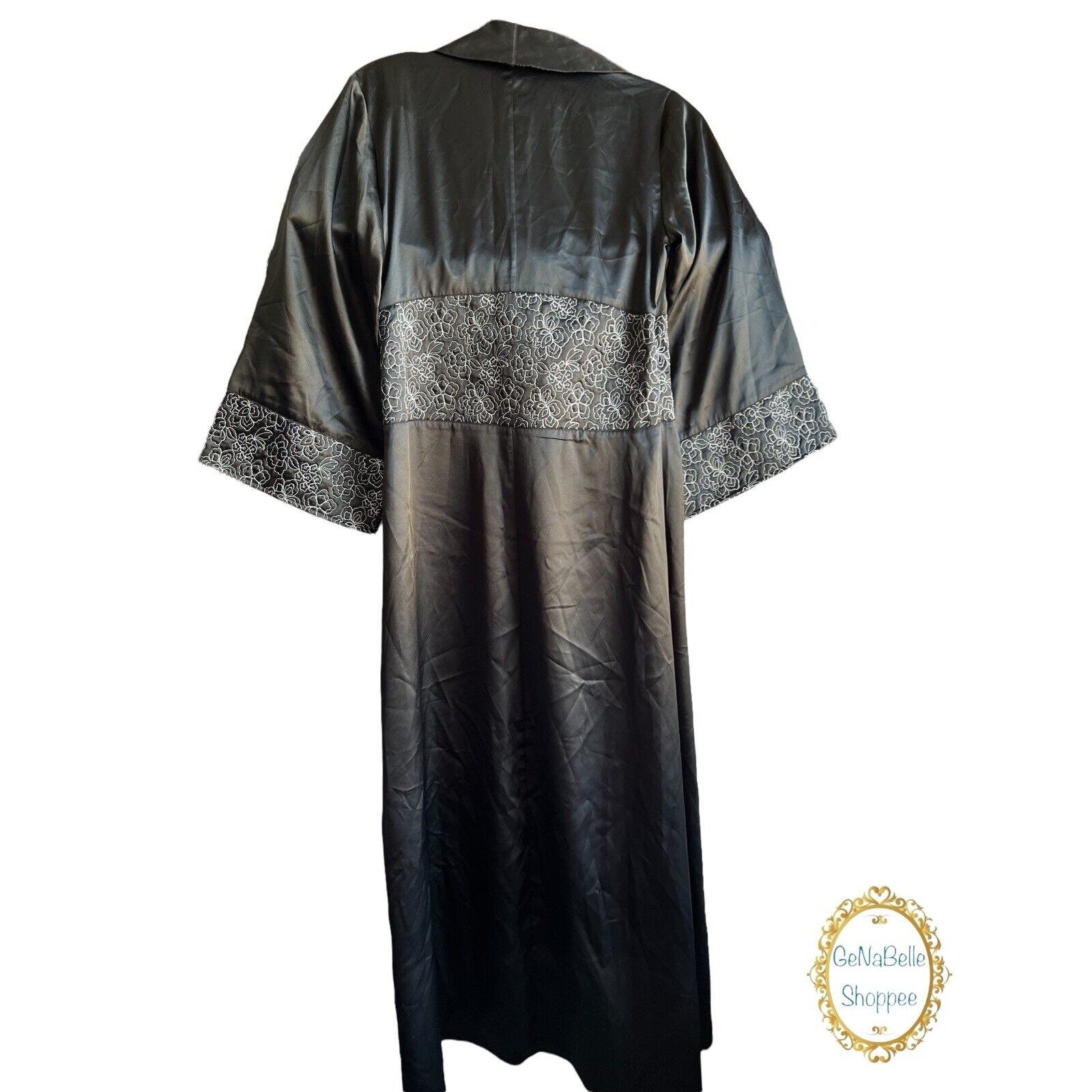 Vintage Victoria's Secret Black Satin White Floral Embroidery Long Robe ...