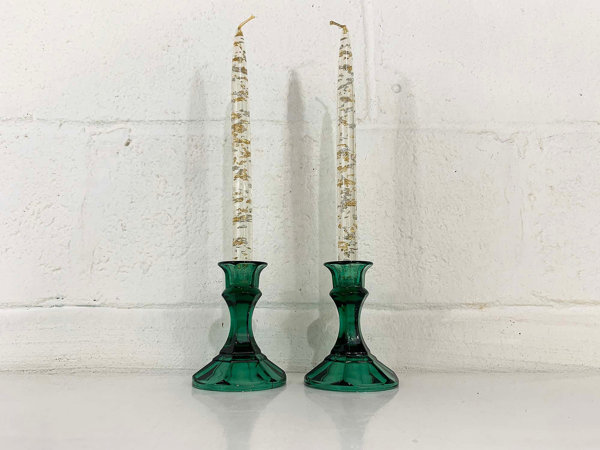 Vintage Glass Blue Green Candle Holders Pair Candlesticks Mid-Century ...