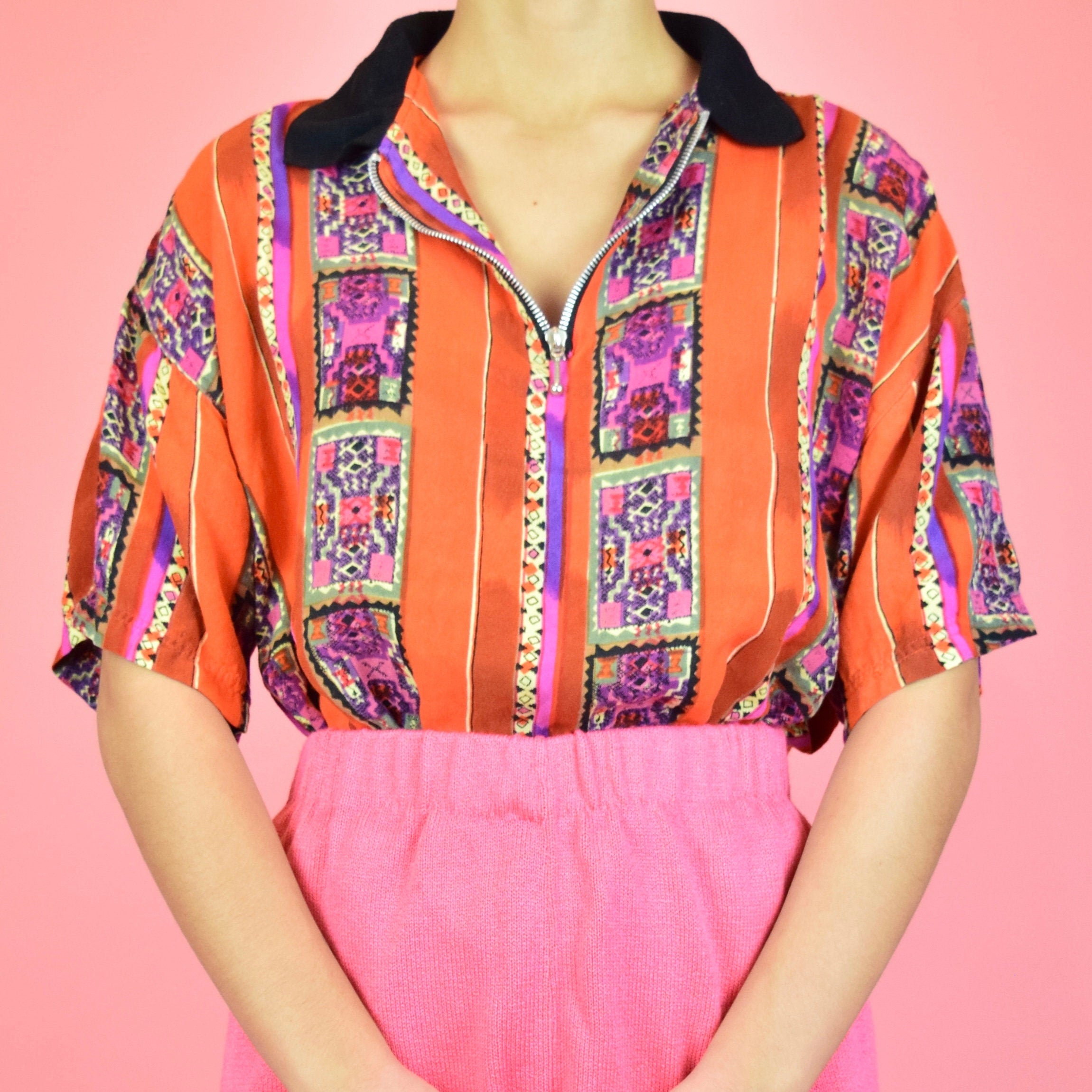 Vintage 80s Orange Purple Funky Geometric Polo Shirt by City Streets ...