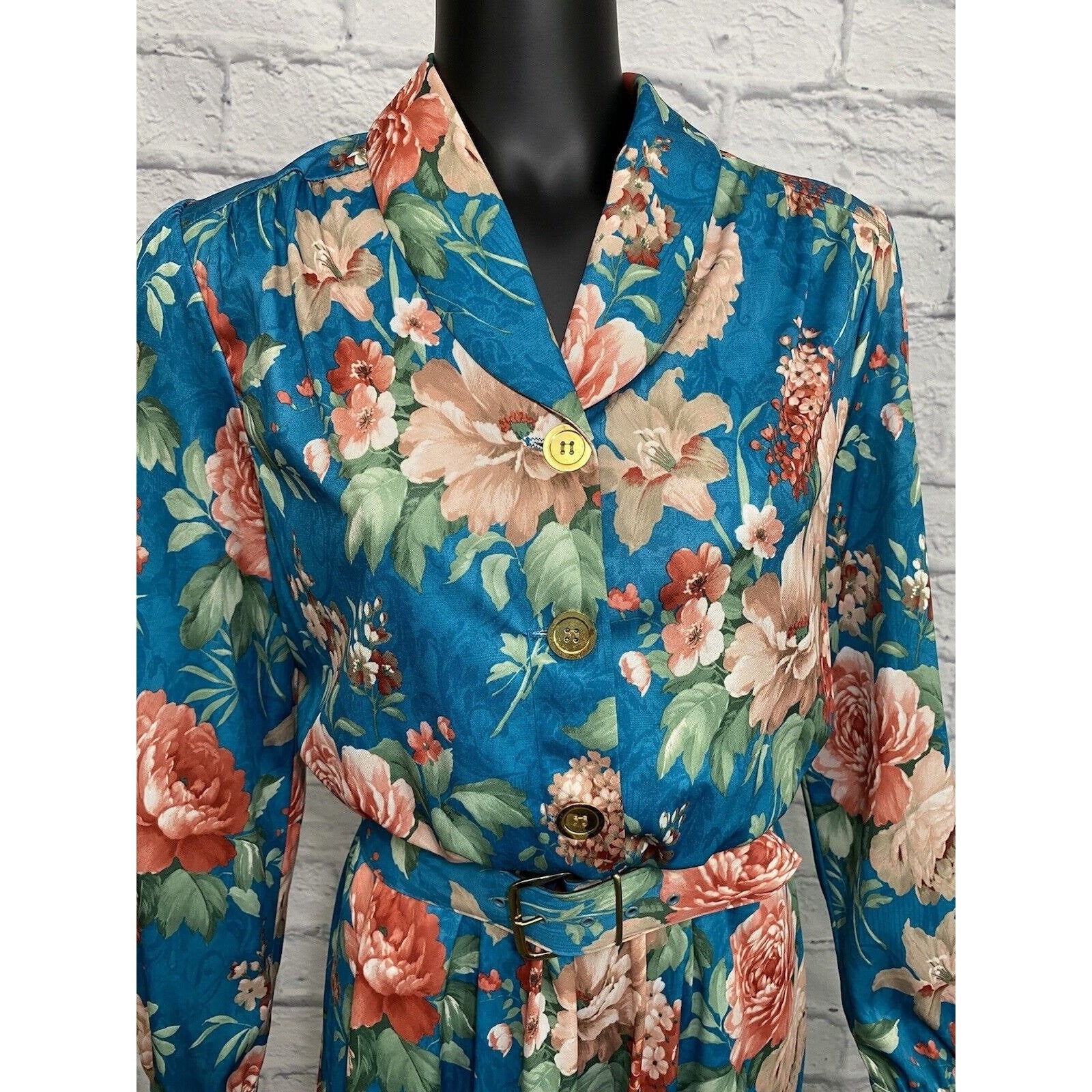 Vintage Belted Floral Midi Dress 80s Usa Size 8 M Long Sleeve Church C ...