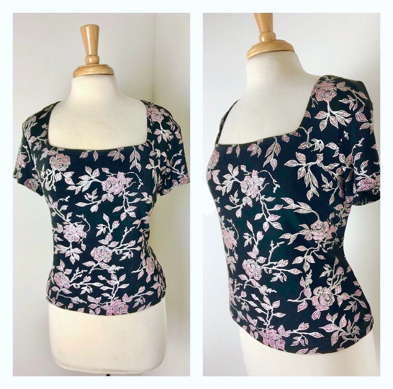 Vintage 90s Black Spandex Shirt with Pink Glitter Roses Ronnie Nicole ...