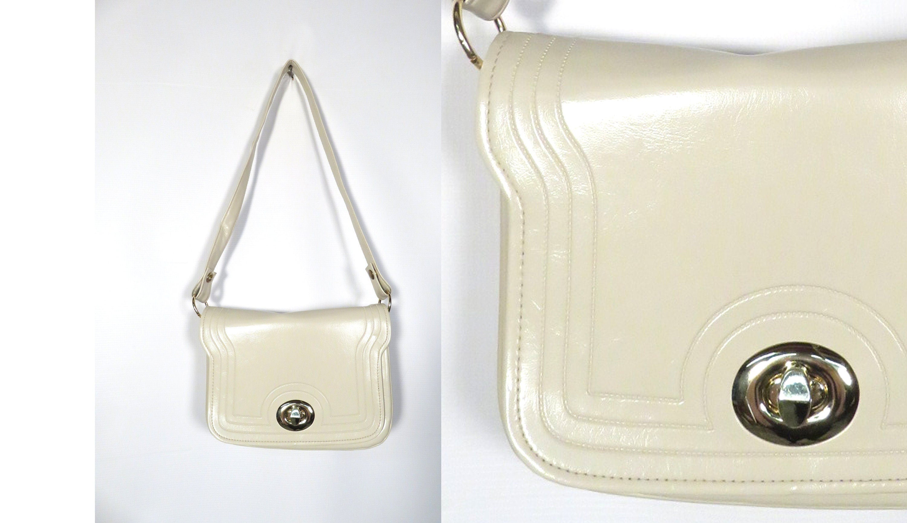 Vintage 70s Cream Color Vegan Leather 3 Compartment Shoulder Bag with ...