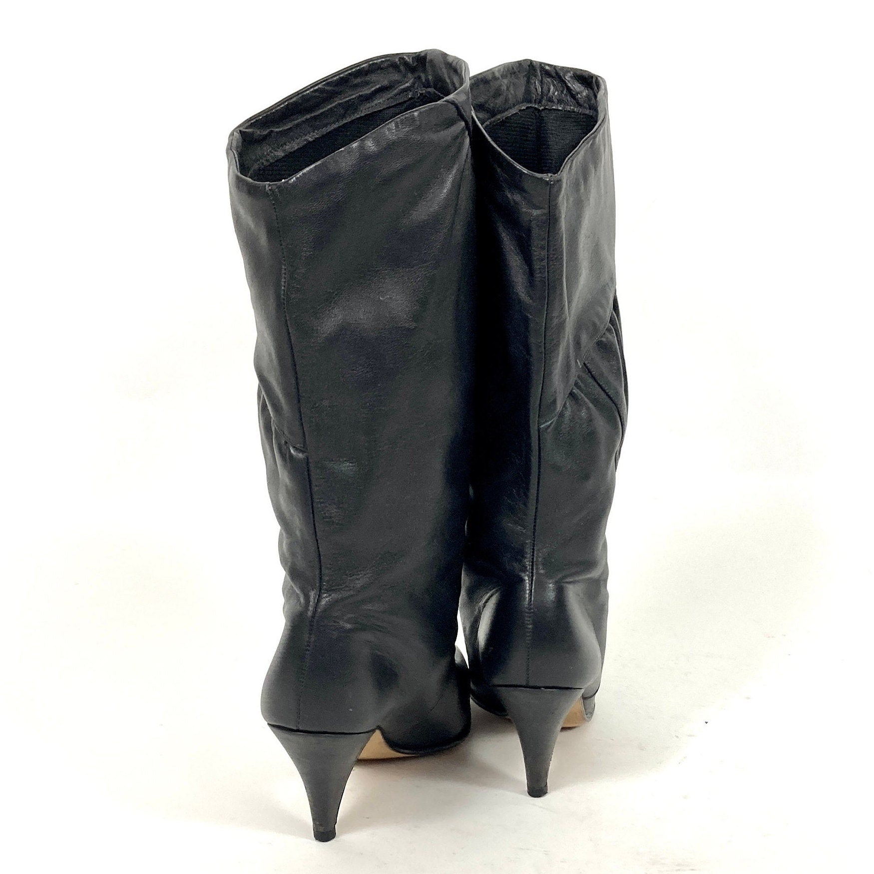 Vintage 80s Black Tall Leather High Heel Boots Ruched Slouch Boots Fold ...