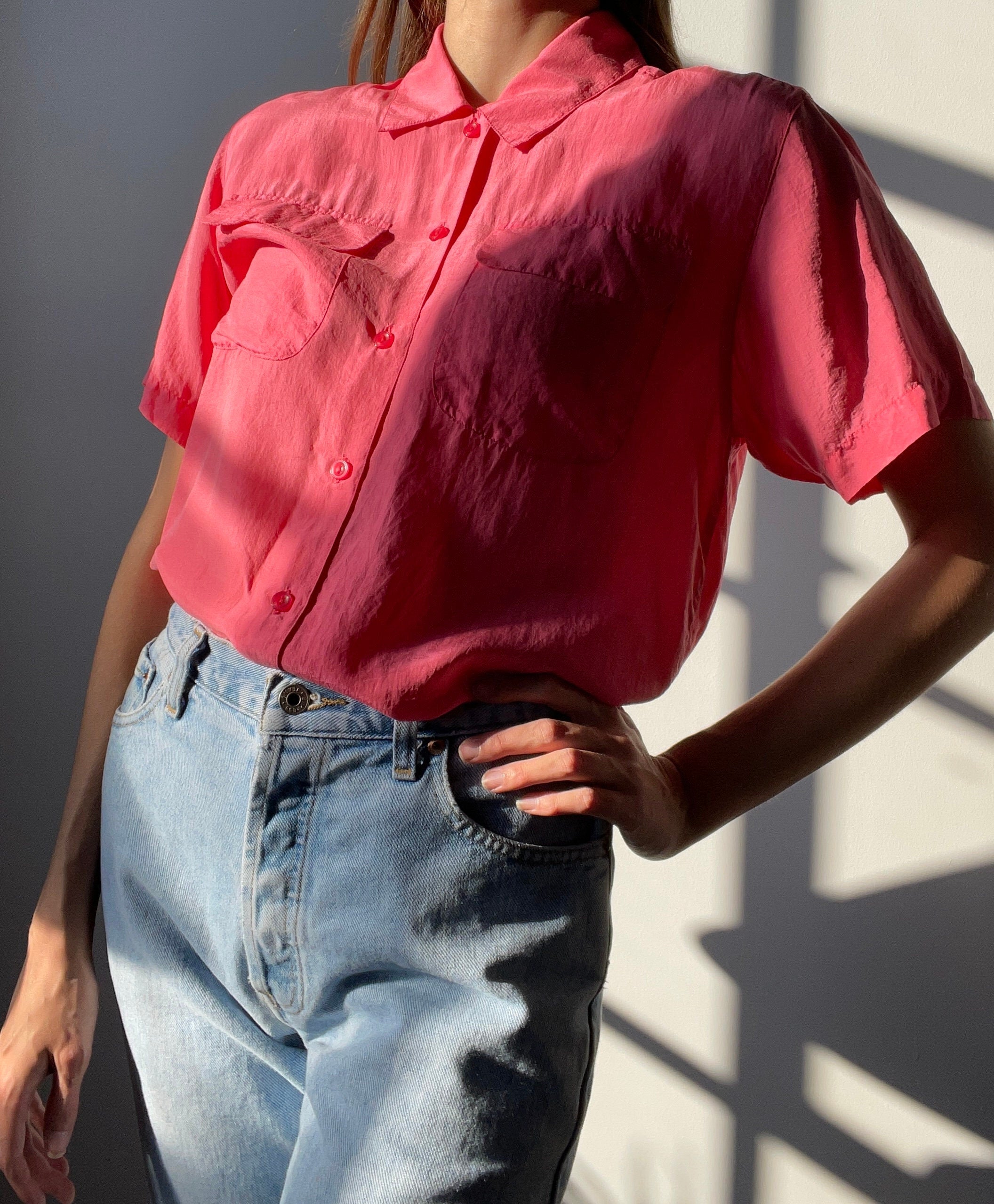 Vintage Silk Hot Pink Button Up Blouse L/xl by Petite Sophisticate ...