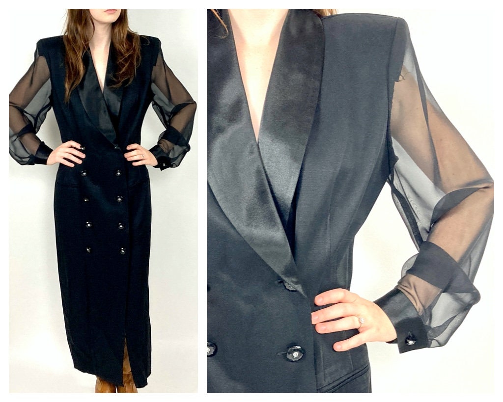Vintage 80s Black Tuxedo Dress Plunging Puff Sheer Sleeve Midi Dress ...
