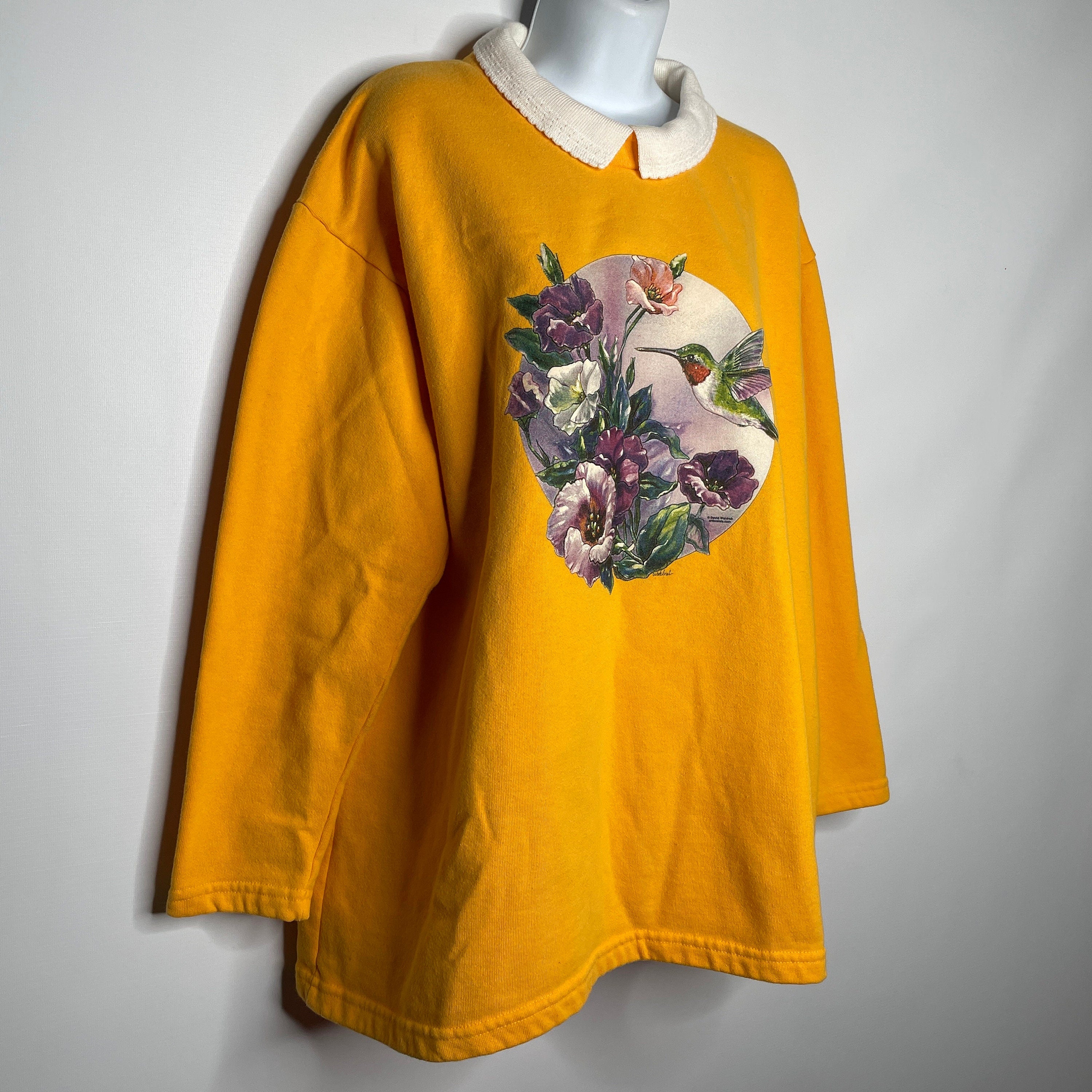 Vintage 90s Grandma Granny Core Floral Hummingbird Bright Yellow Colla ...