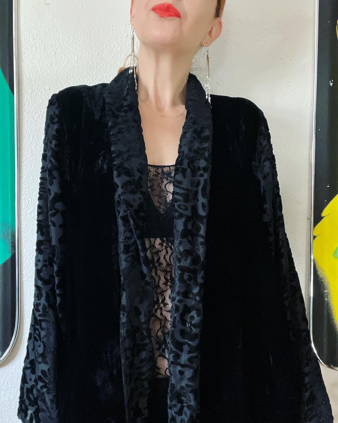 Vintage 80s 90s Midnight Black Rayon Velvet Coat with Devorè Shawl Col ...