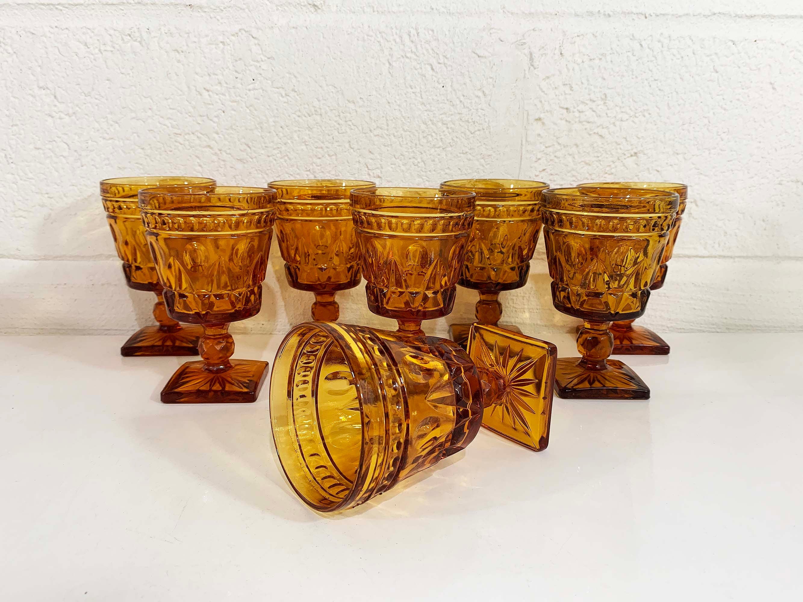 Vintage Amber Water Glasses Square Base Goblet Set of 8 Golden Yellow ...