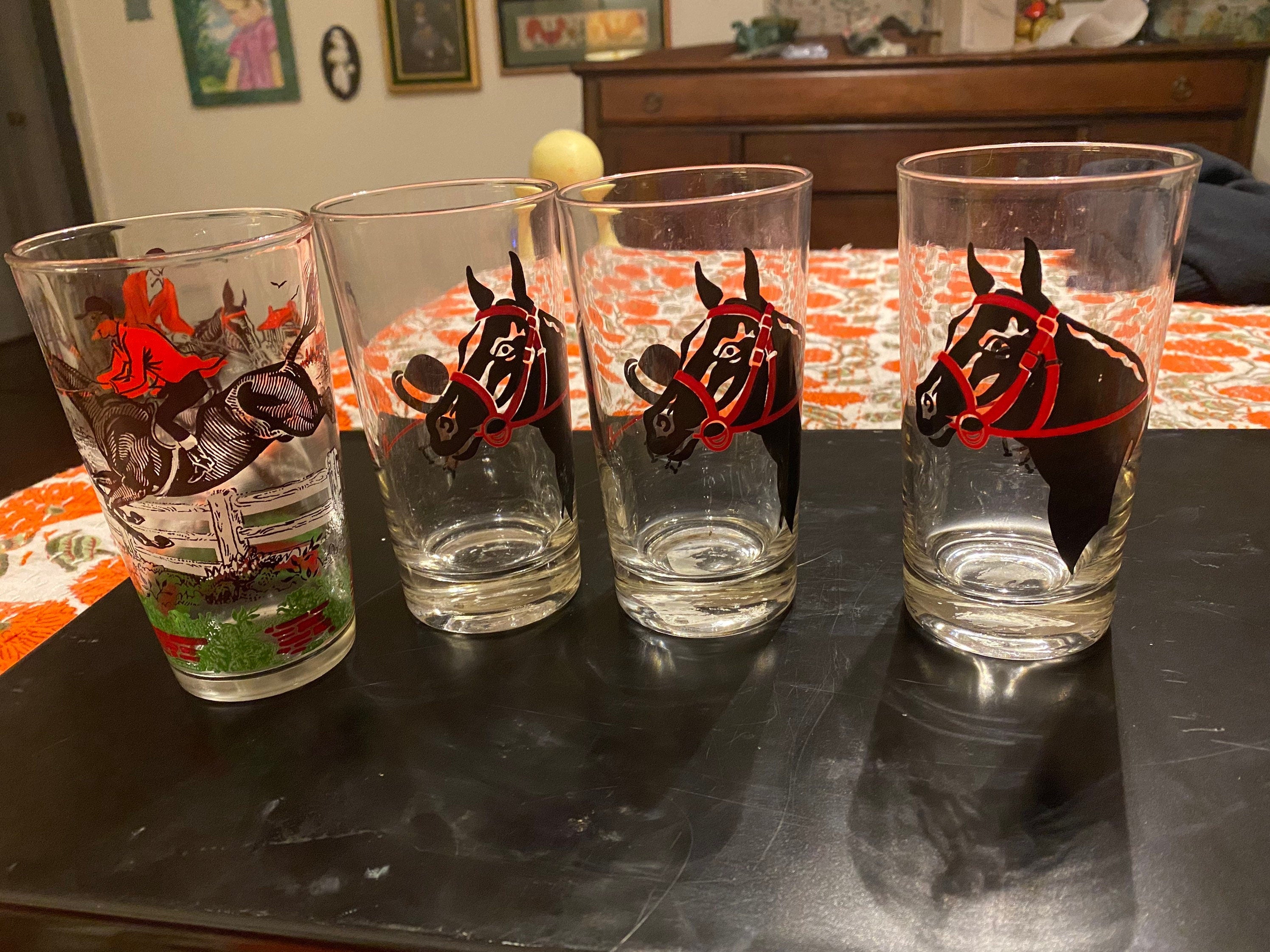 Set of 4 Vintage Mcm Horse Equestrian Drinking Glasses Black Horse Bar ...