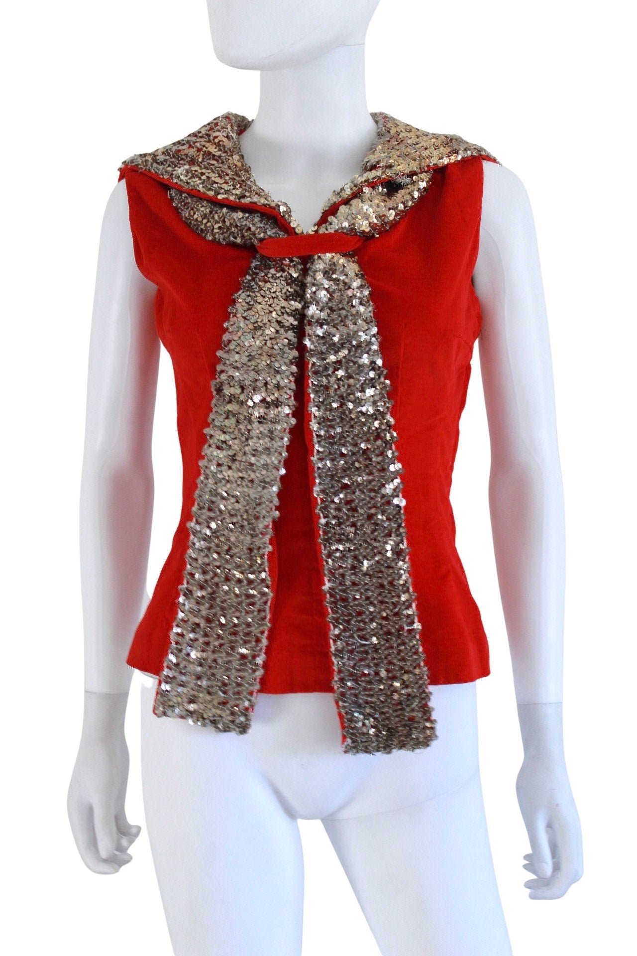 Vintage 60s Red Velveteen Sailor Middy Blouse with Silver Sequin Trim ...