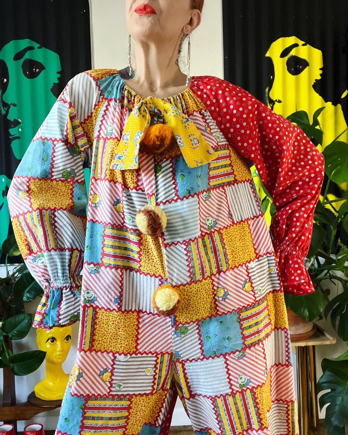 Vintage 50s/60s Patchwork Print X Raggedy Ann/andy Bow Homemade Clown ...