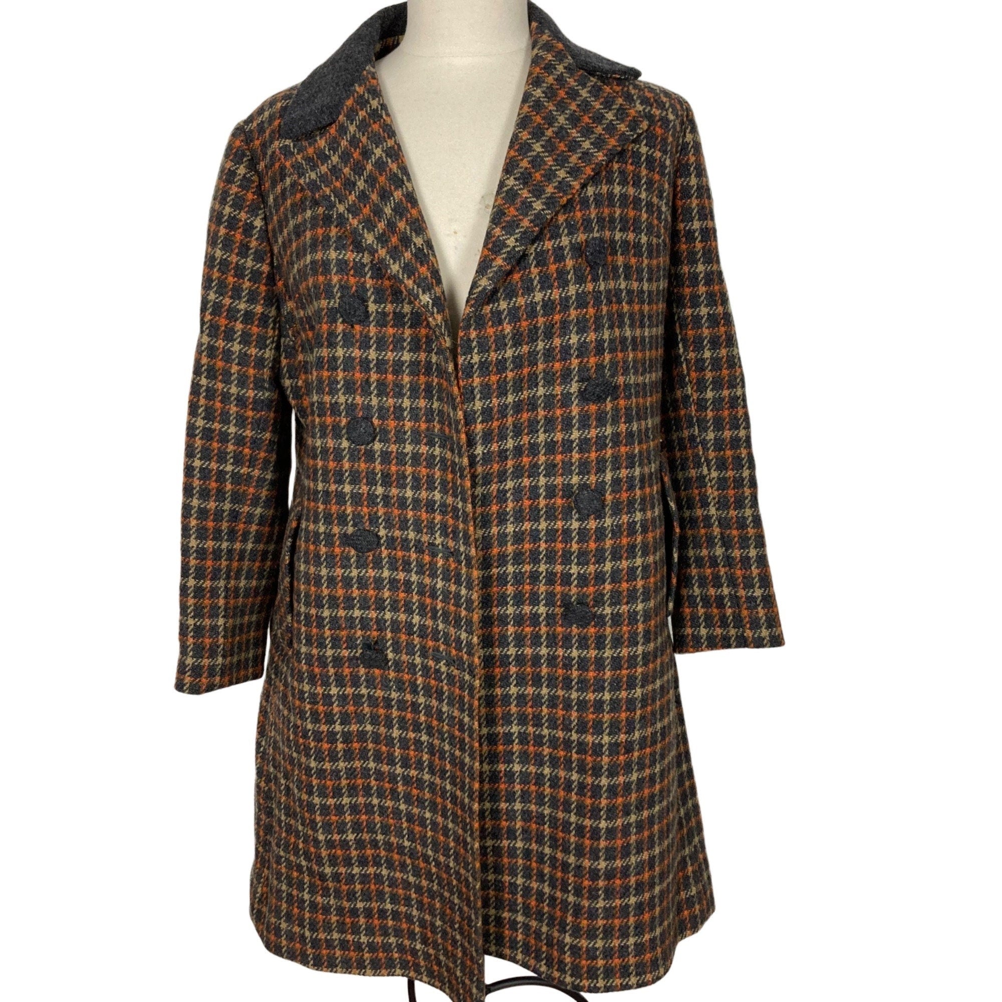 Vintage Sears Junior Bazaar Winter Coat Womens Medium Gray Orange Plai ...
