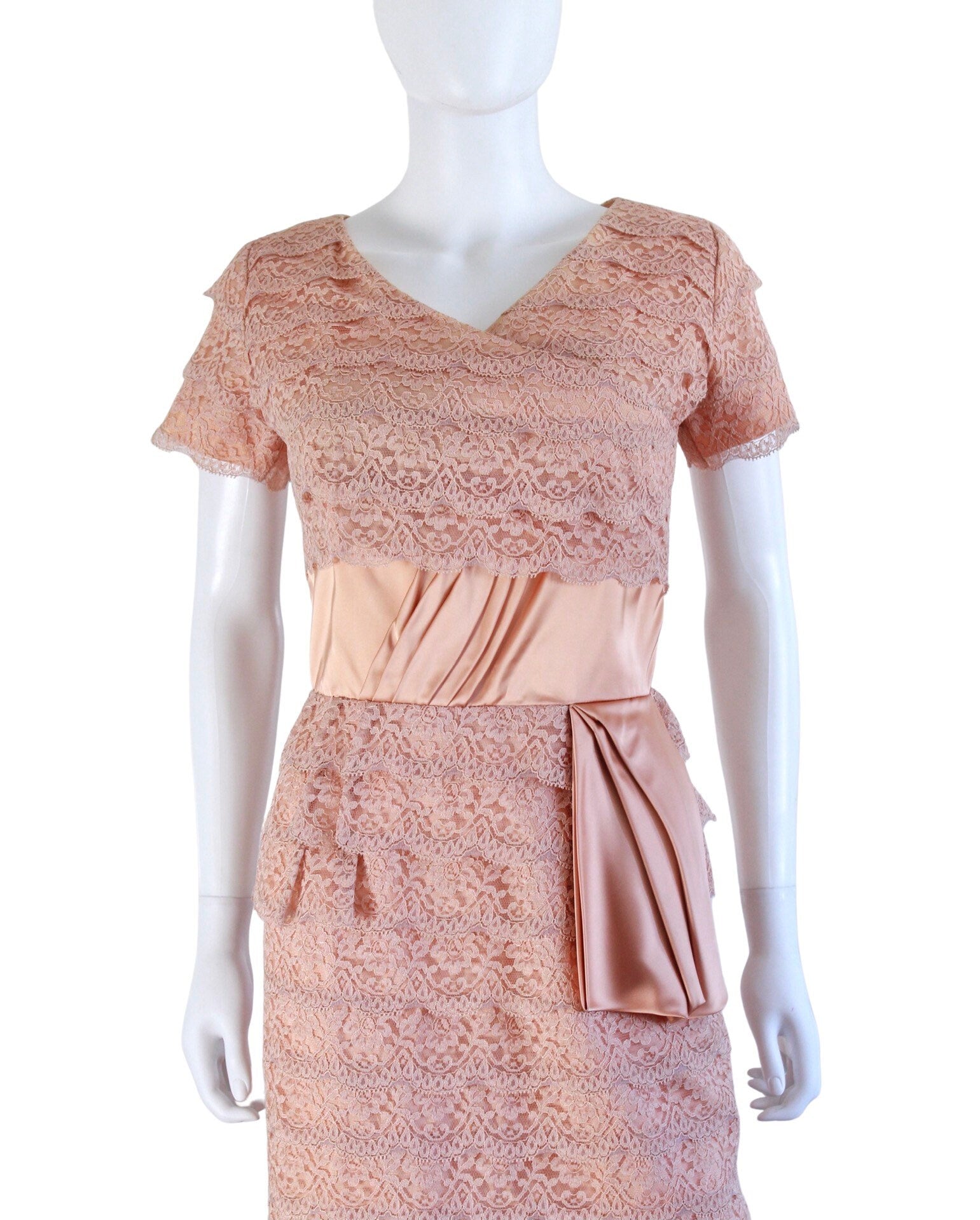 Vintage 50s Dusky Peach Satin and Lace Wiggle Cocktail Dress | Shop ...