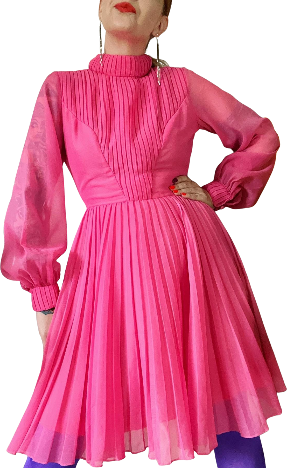 Vintage 60s Barbie Pink Accordion Pleat Chiffon Mini Mod Dress with Ba ...