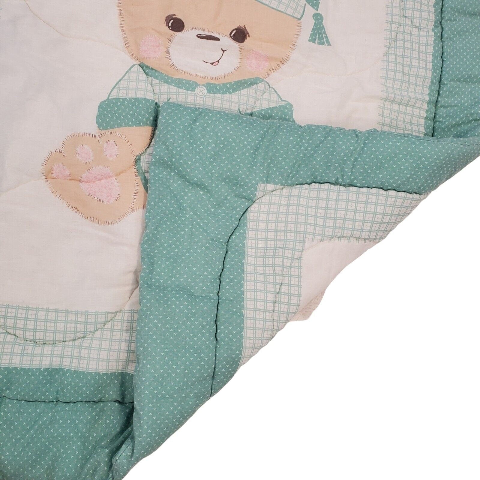 Vintage 80s Sage Green Teddy Bear Baby Crib Comforter Blanket Double S ...