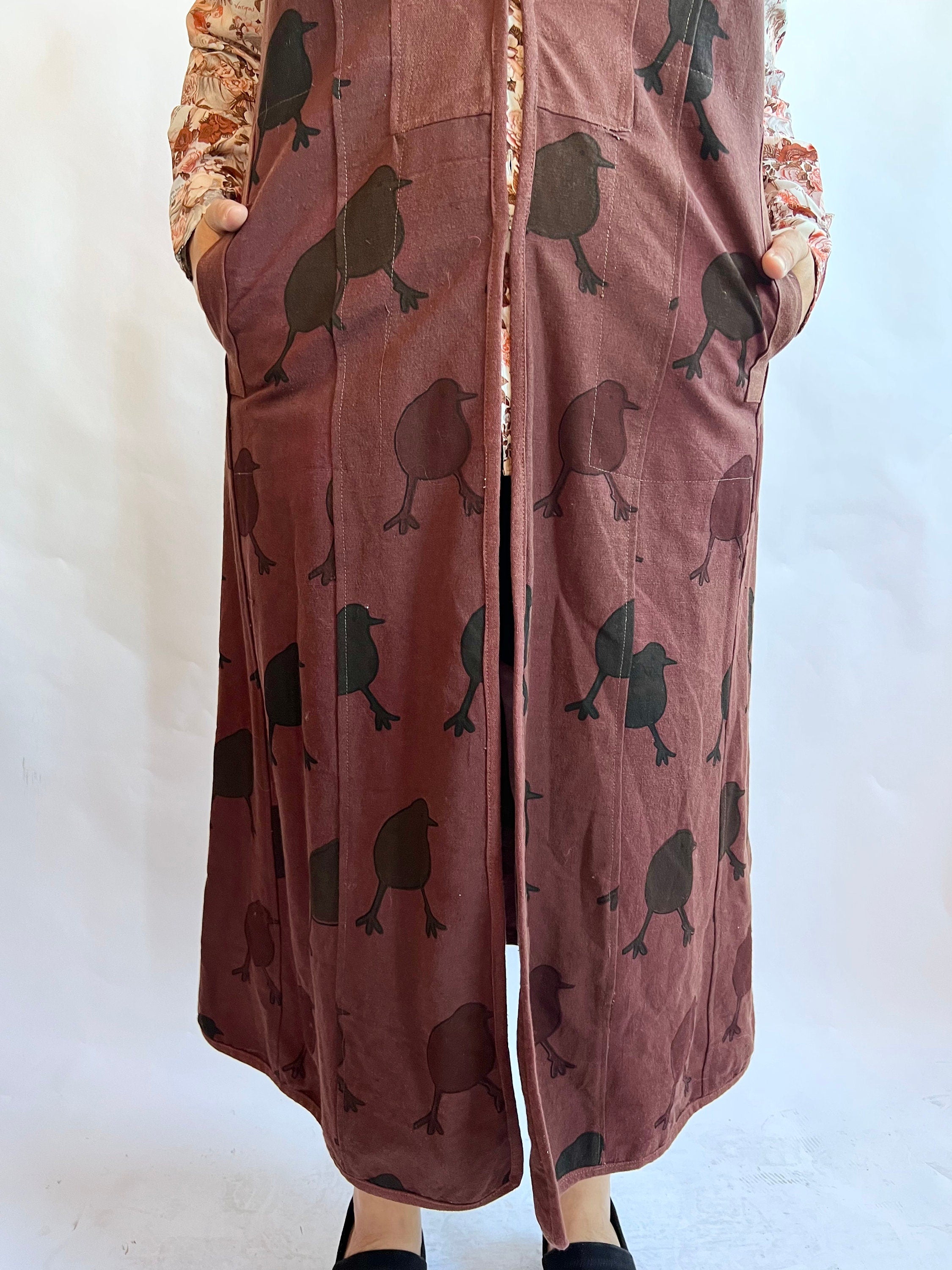Vintage 70s Cotton Burgundy Sleeveless Swallow Bird Print Duster | Shop ...