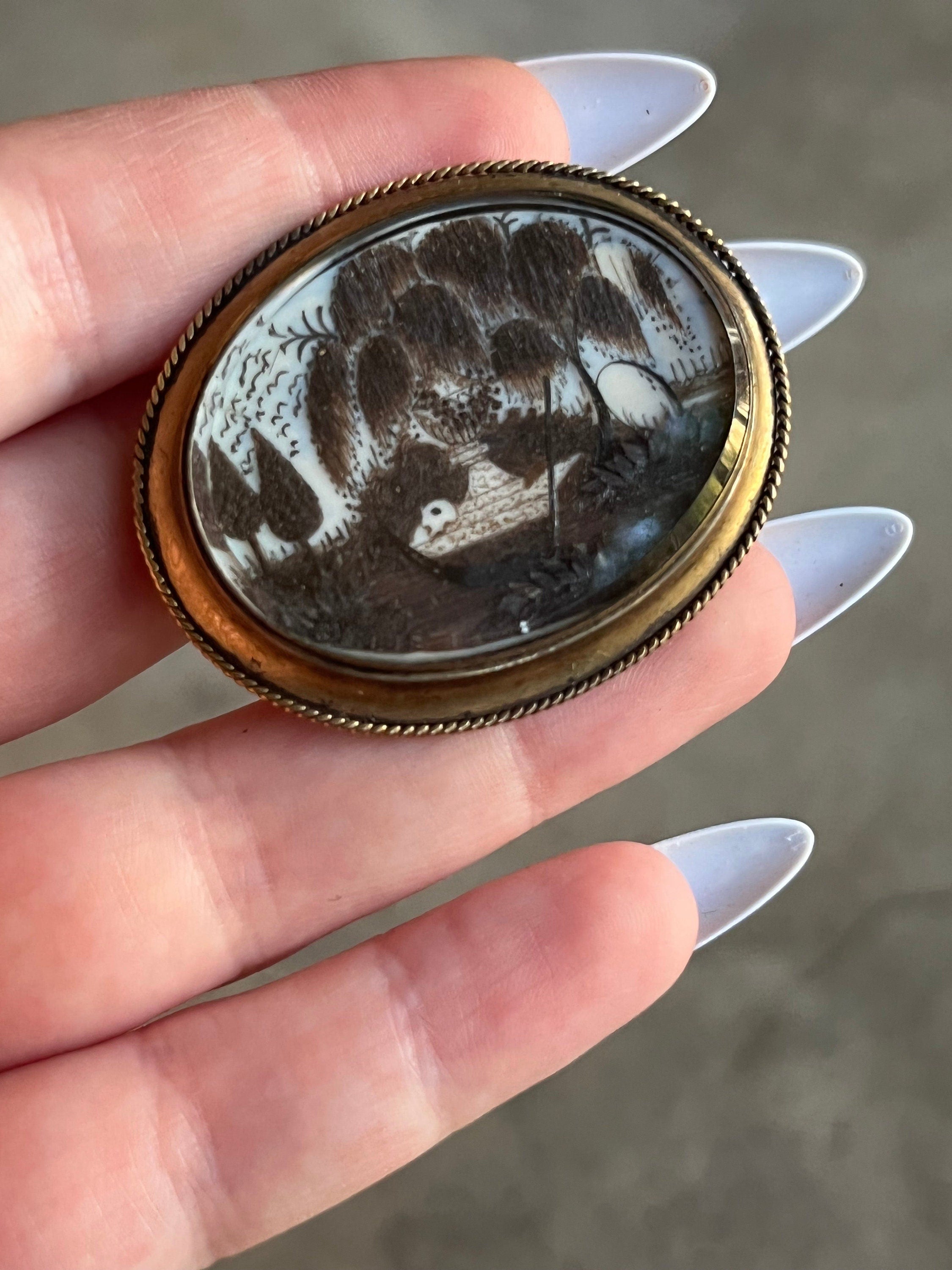 Vintage 19th C. Hair Mourning Scene Brooch 14k Gold Antique Hairwork ...
