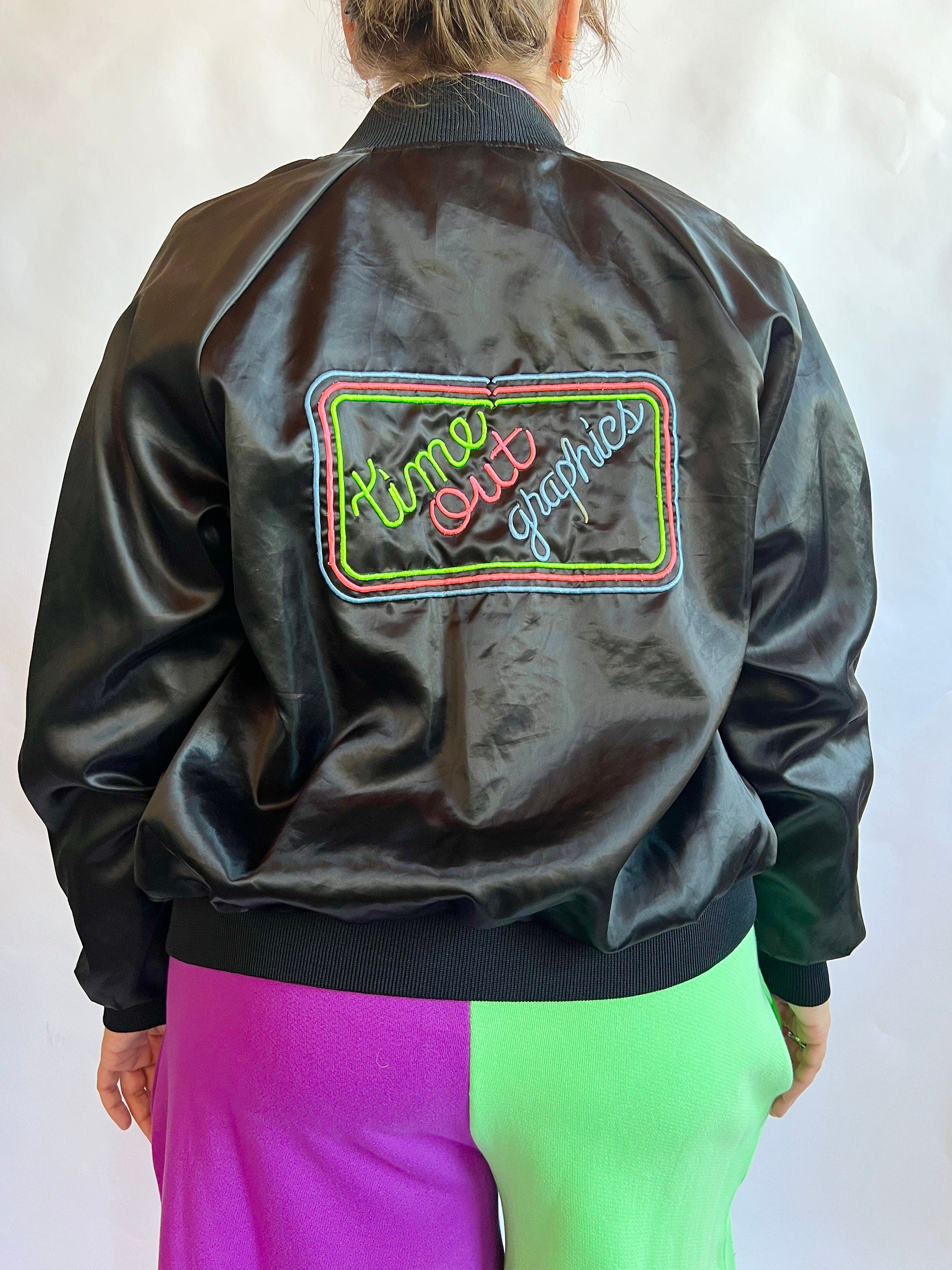 Vintage 80s Time Out Graphics Neon Embroidered Black Satin Jacket ...
