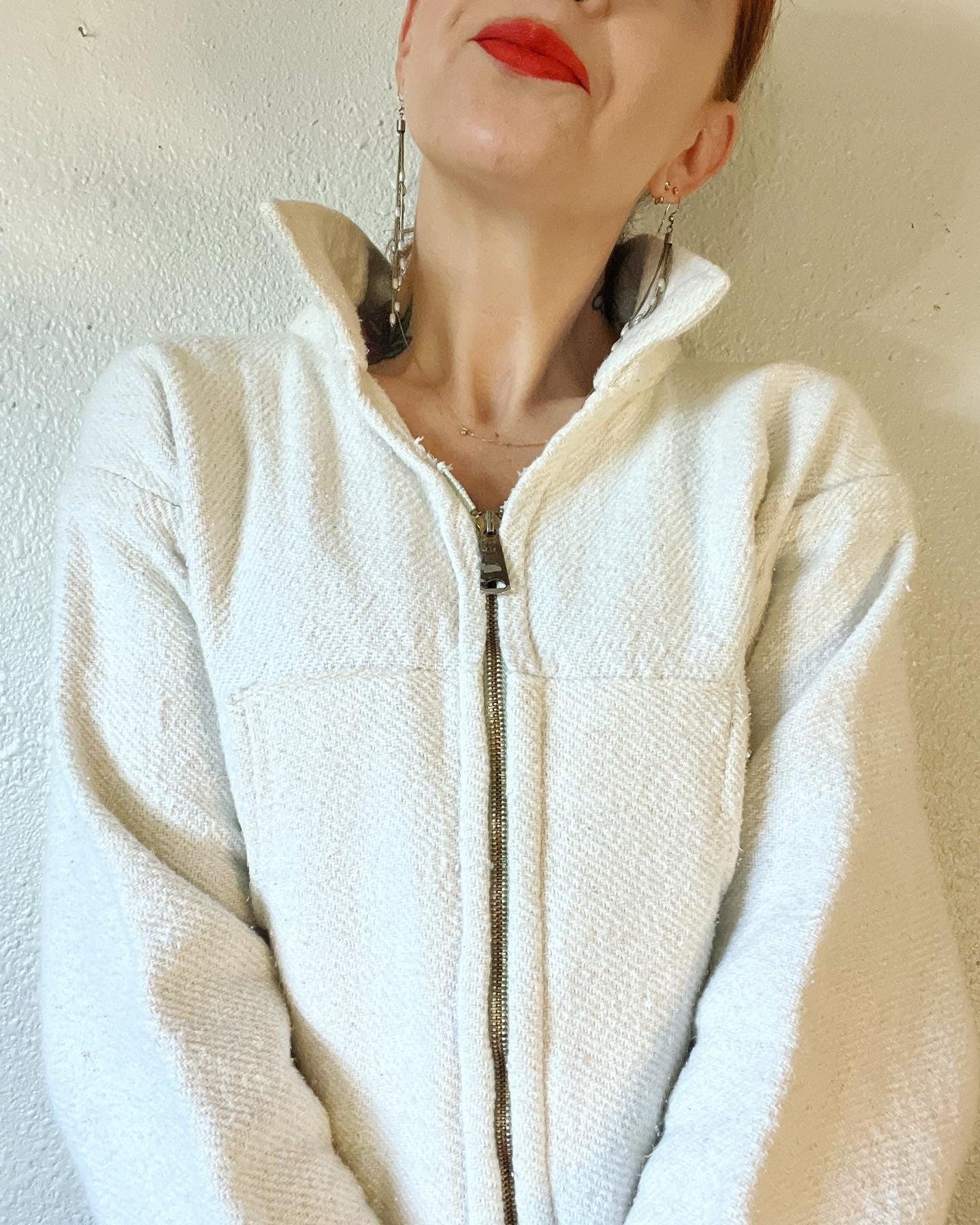 Vintage 50s Ivory Cotton Rope Twill Jacket with a Large Metal Ideal Zi ...