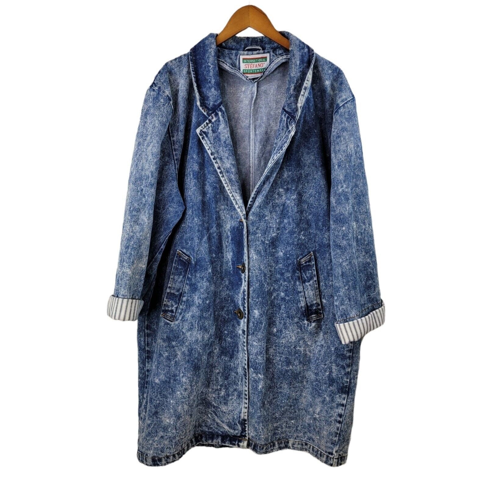 Vintage 80s Denim Trench Coat Jacket Blue Jean Size 16 Duster Acid Was ...