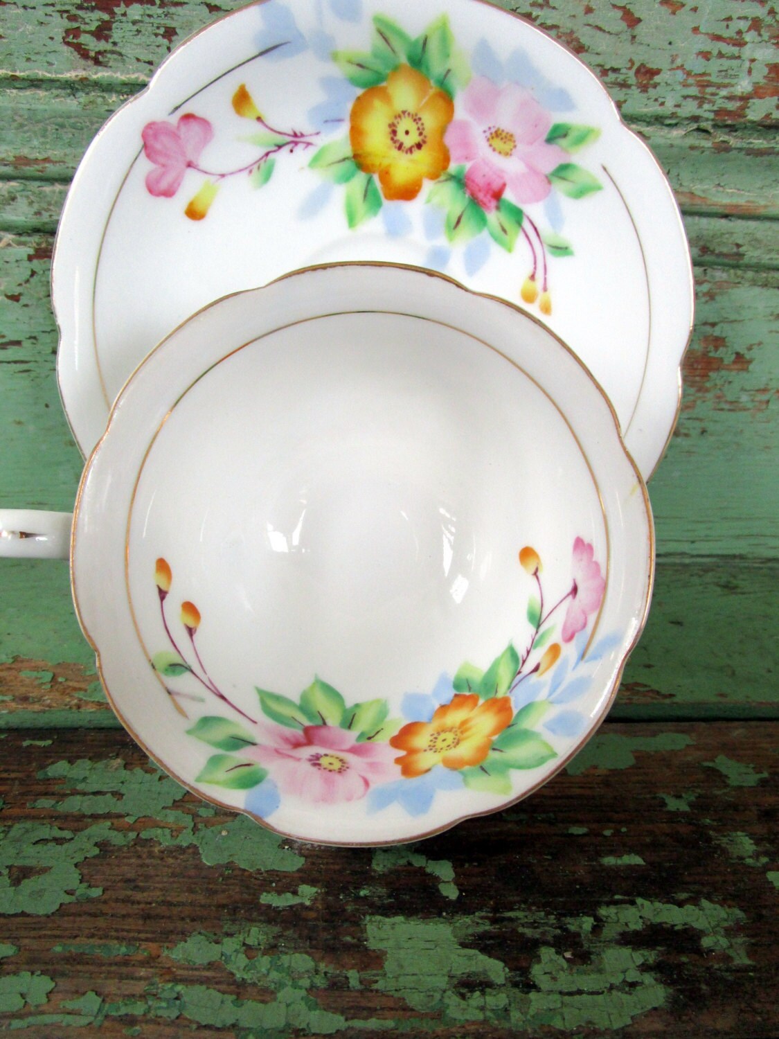 Vintage Handpainted Floral Flower Teacup and Saucer Pink Yellow Shabby ...