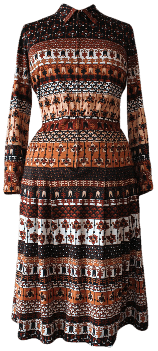 Vintage 70's Black Brown and White Multi Print Zip Up Dress by Ein Fink ...