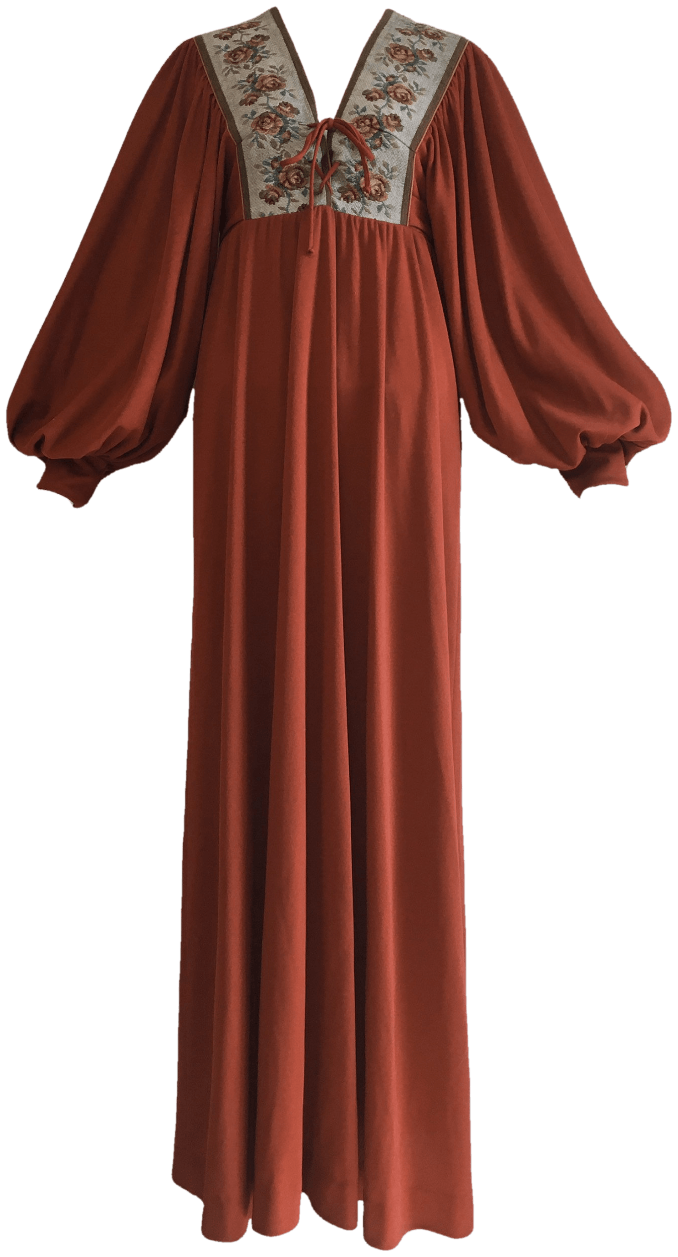 Vintage 70's Rust Empire Waist Maxi Dress with Floral Neckline by Vicky ...