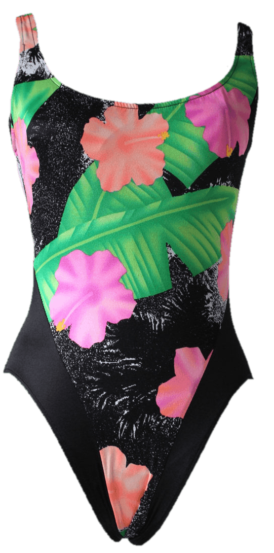 Vintage 80's Black Swimsuit with Bright Neon Floral Print | Shop THRILLING