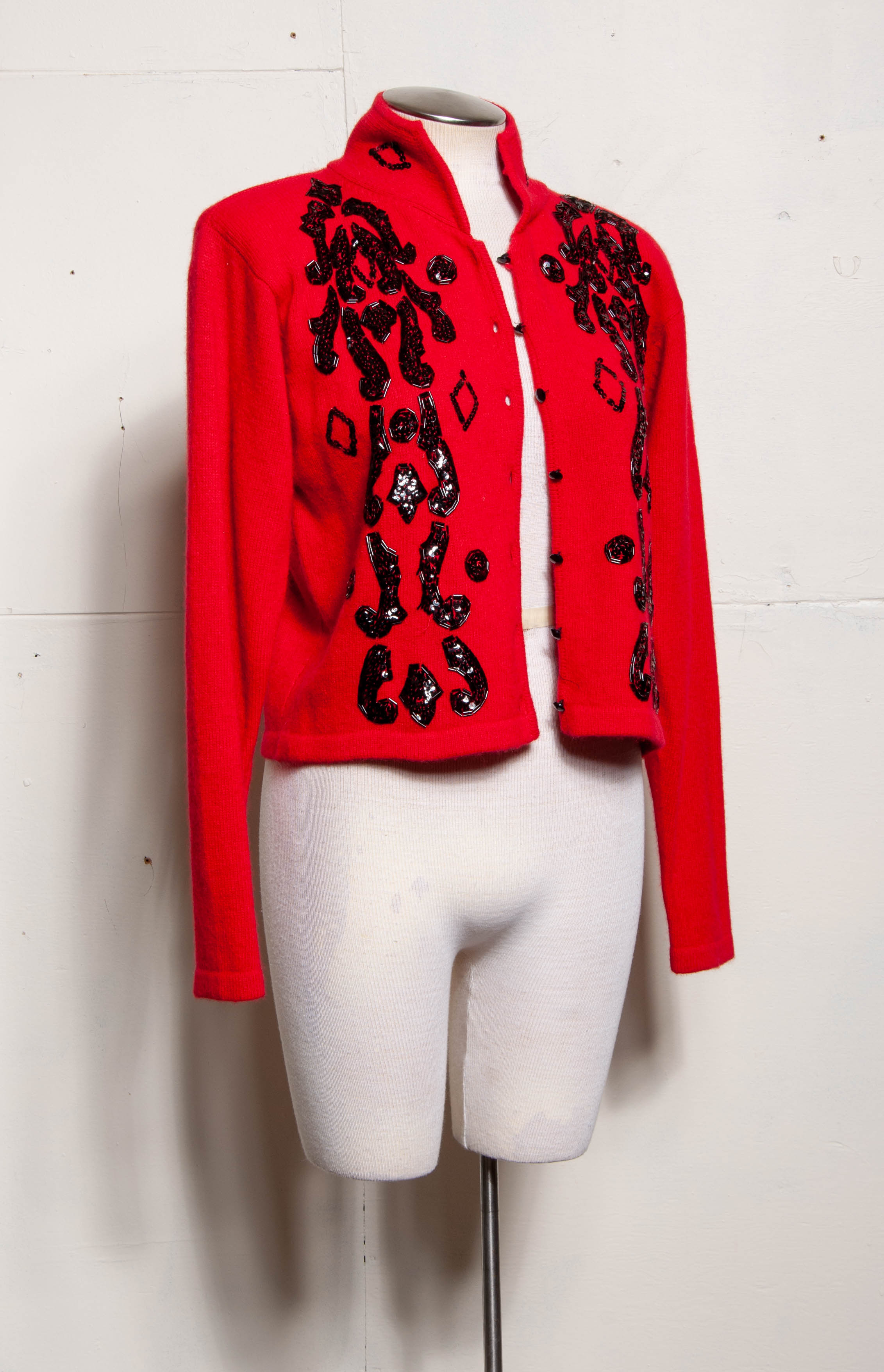Vintage Red Angora Embroidered Black Sequin Cardigan by Claude Vernet ...