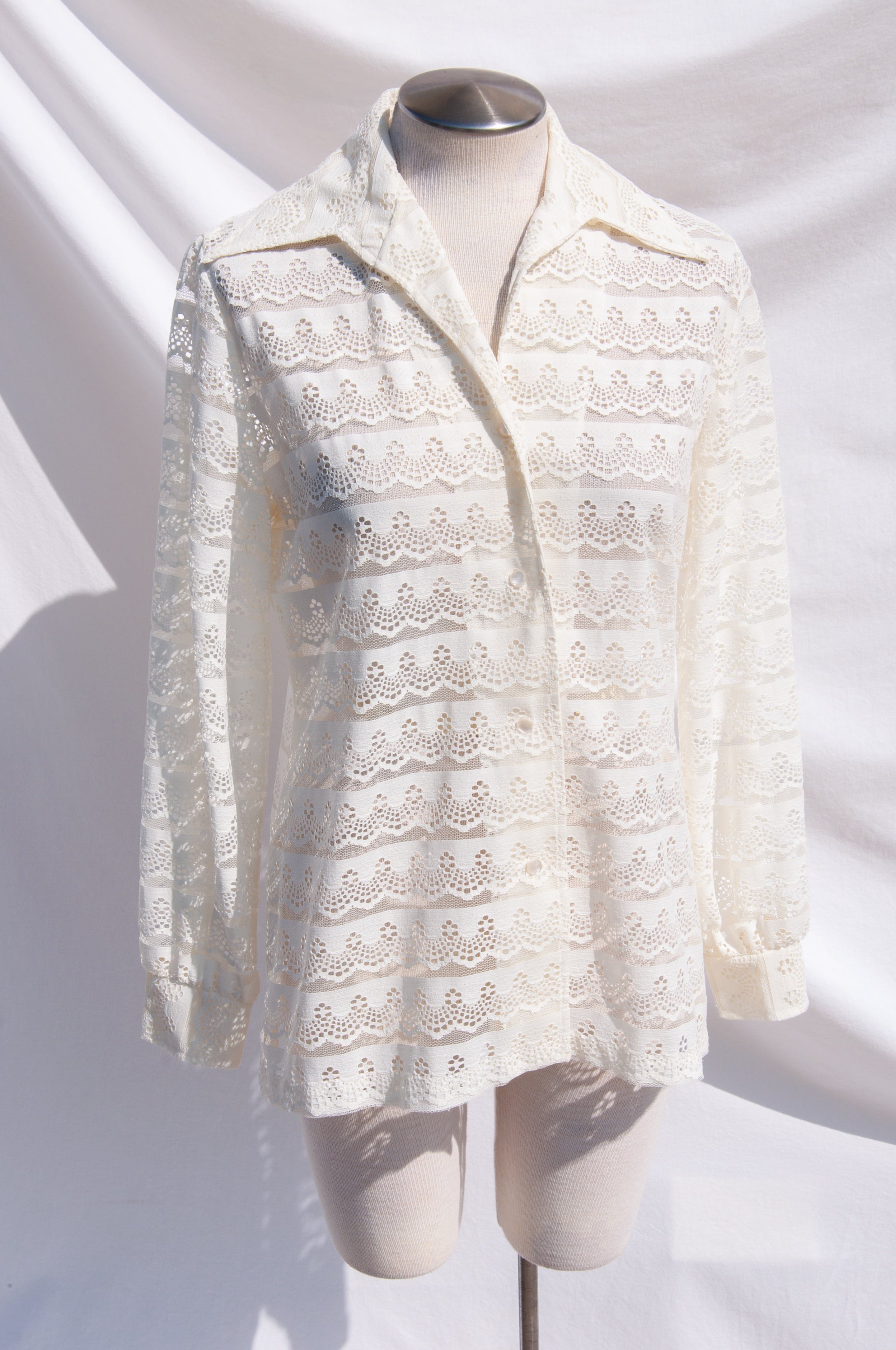Vintage Louis Chaney Dallas 70’s White Sheer Lace Shirt | Shop THRILLING