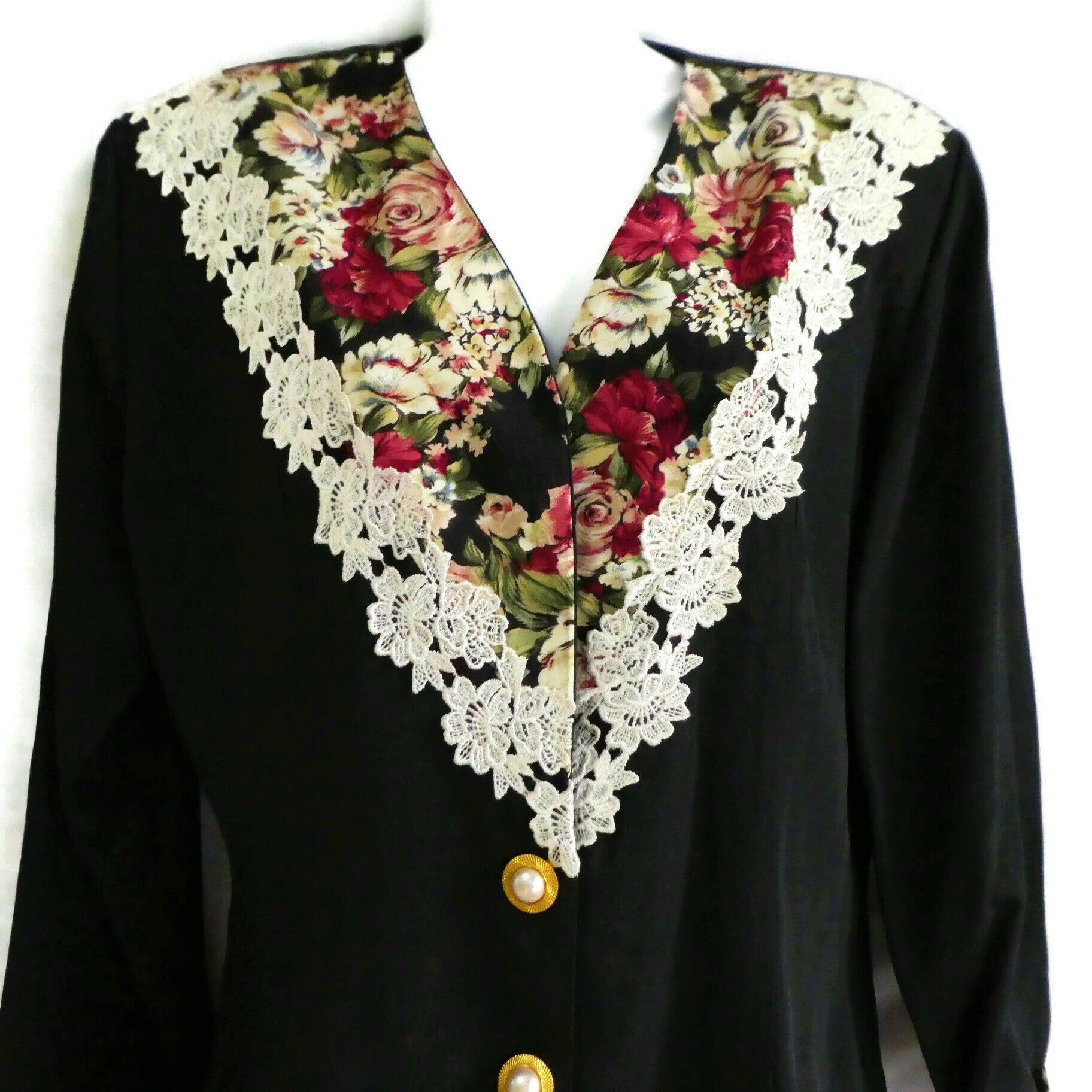 Vintage 80s Black Gaudy V-neck Lace Floral Cottagecore L By Stella ...