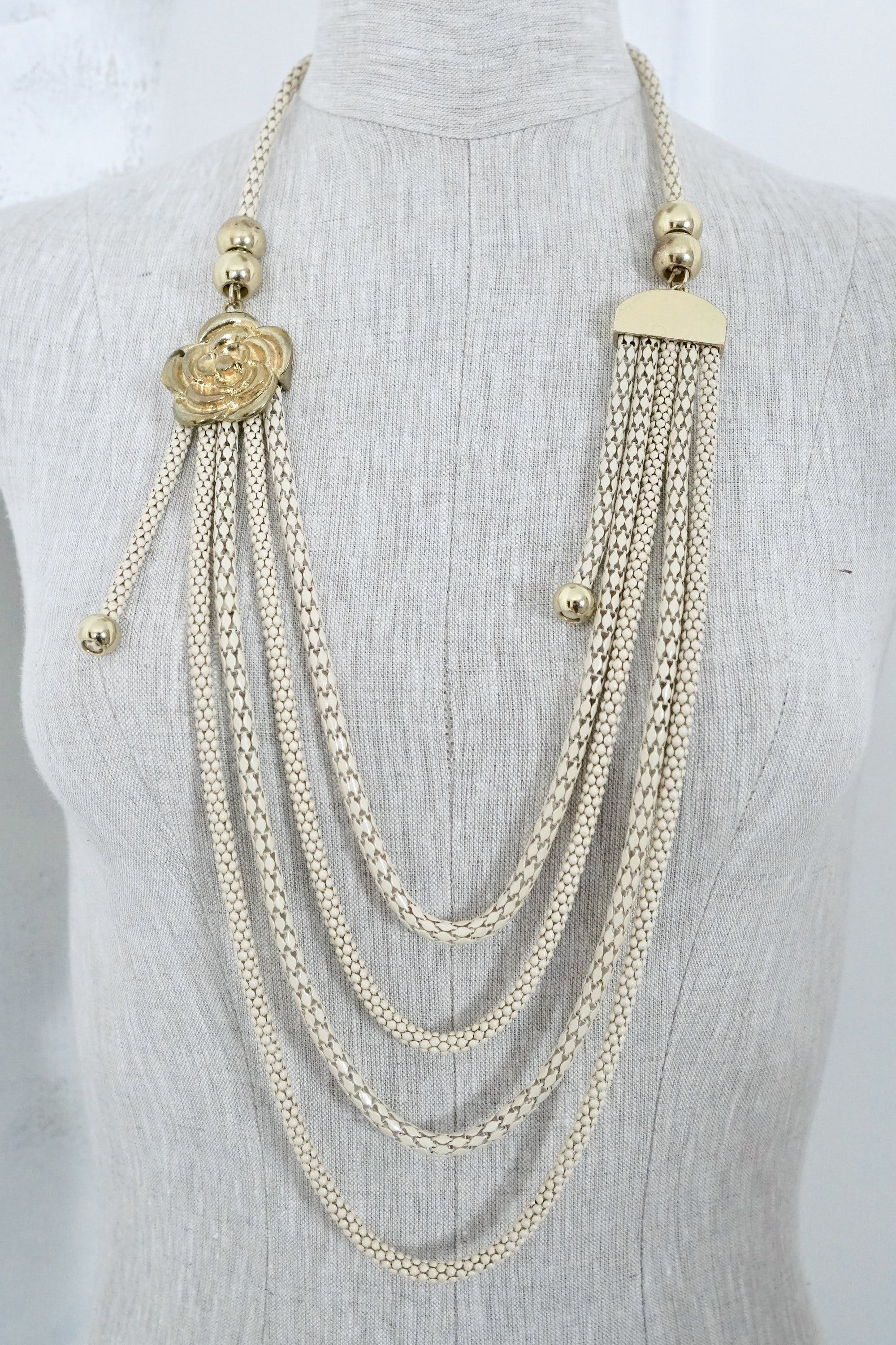 Vintage 80's White Multi Strand Golden Floral Long Necklace | Shop ...
