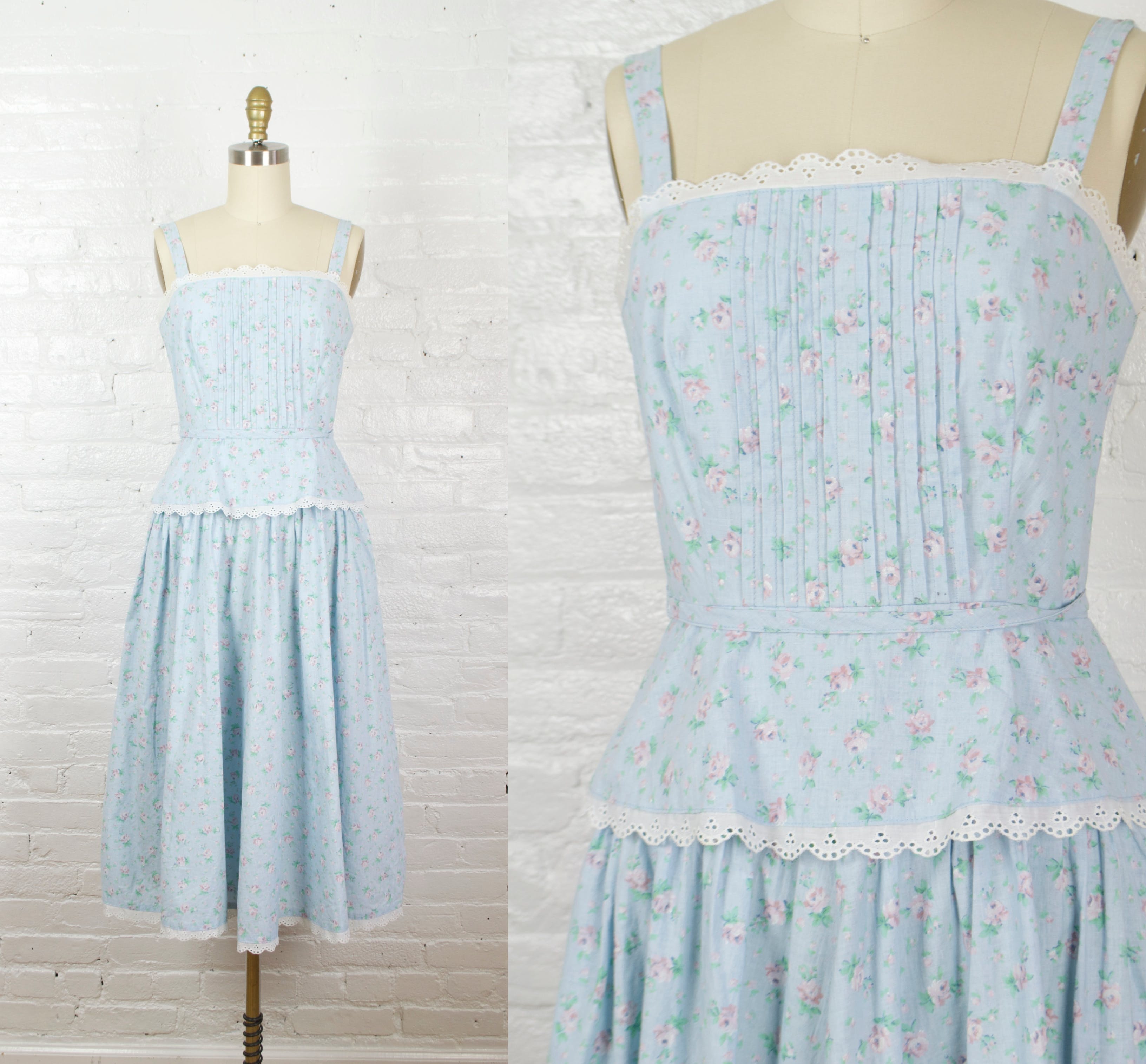 Vintage 70's Cottagecore Corset Style Light Blue Floral Print Sundress ...
