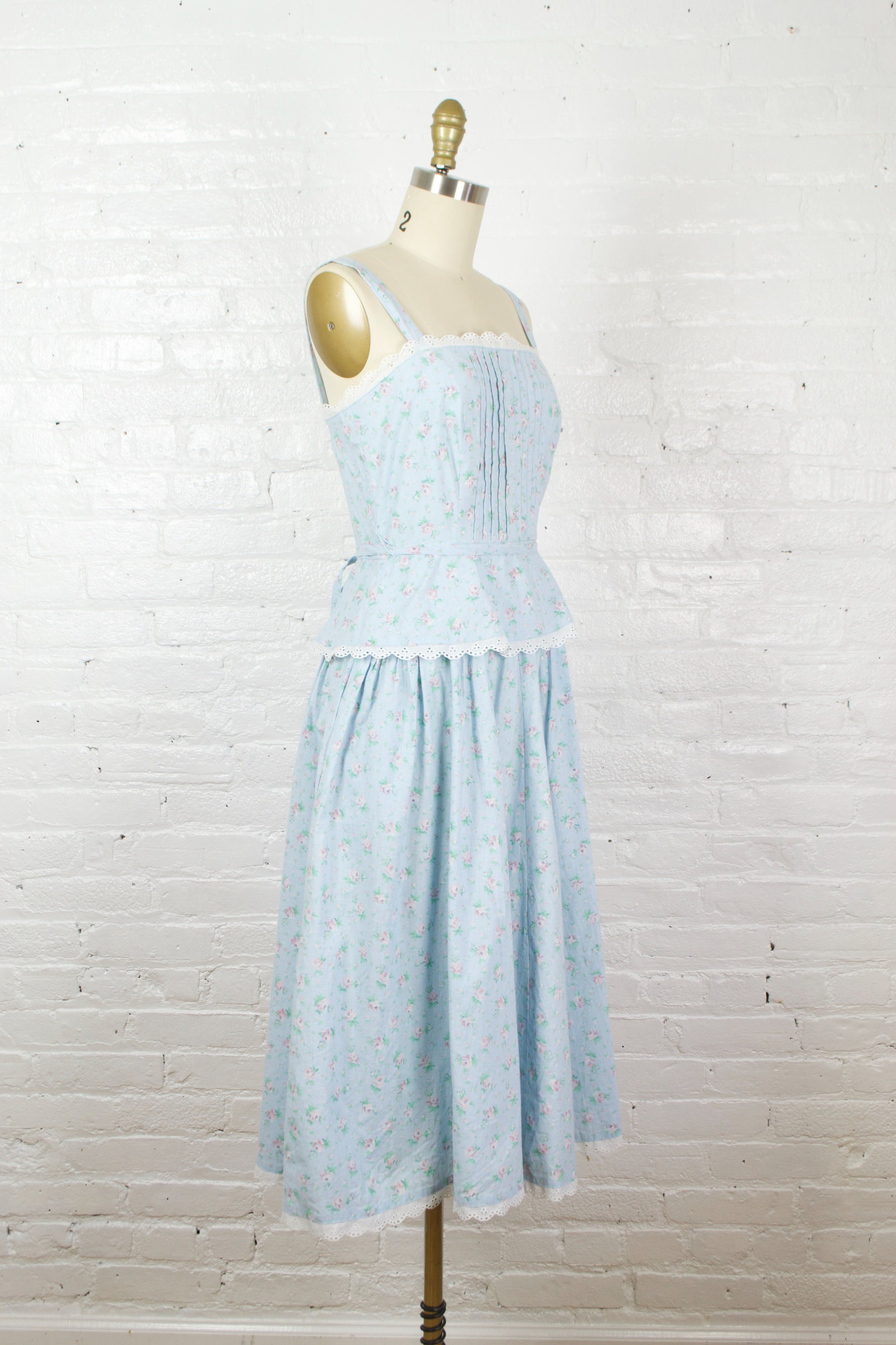 Vintage 70's Cottagecore Corset Style Light Blue Floral Print Sundress ...