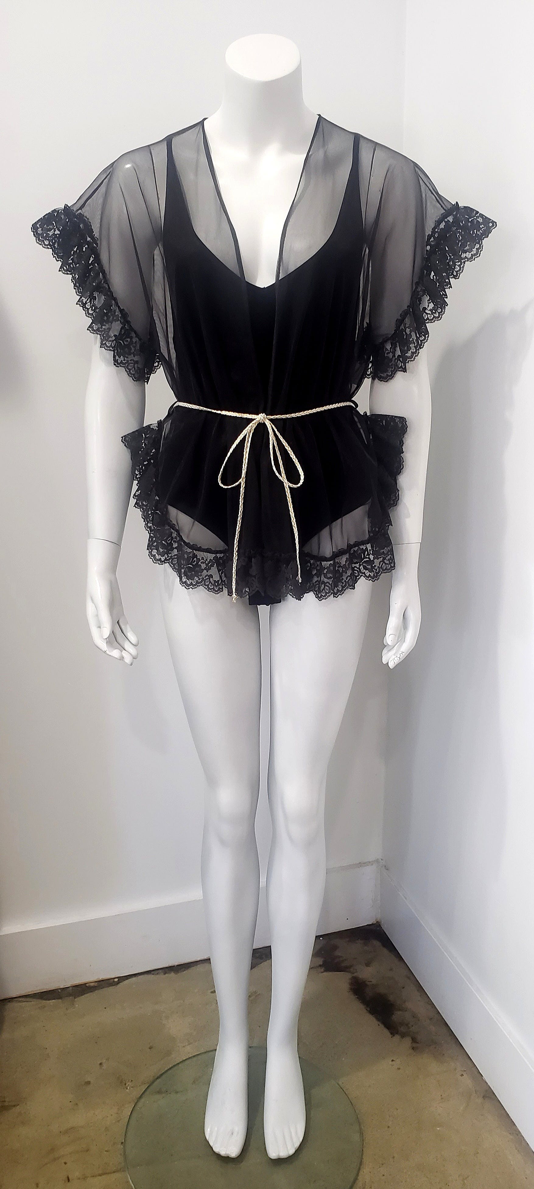 Vintage 70's Black Nylon Ruffle Lace Micro Mini Negligee Mini Robe ...