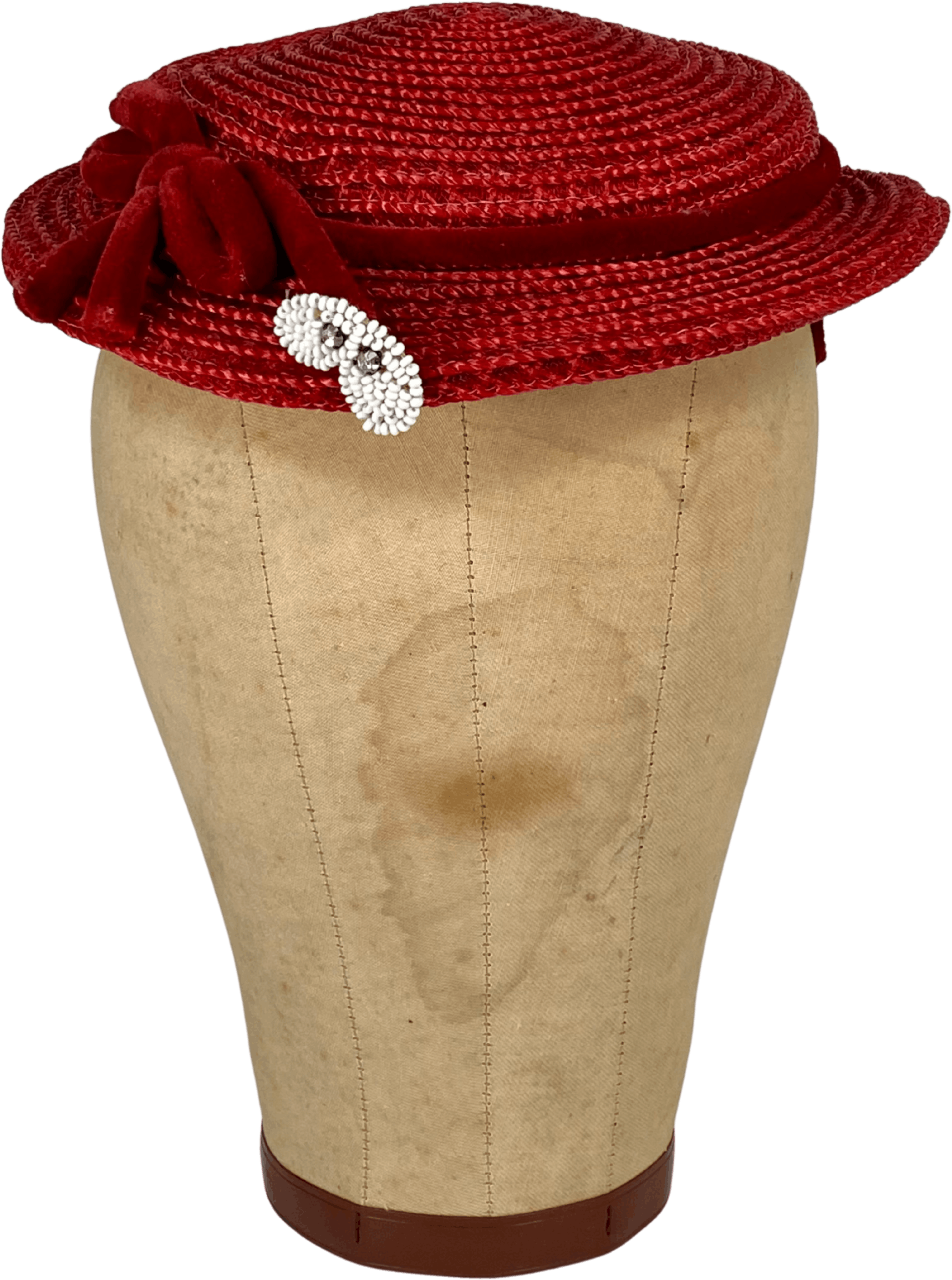 Vintage 30’s Red Straw Hat with Velvet Trim and Bead Bean | Shop THRILLING