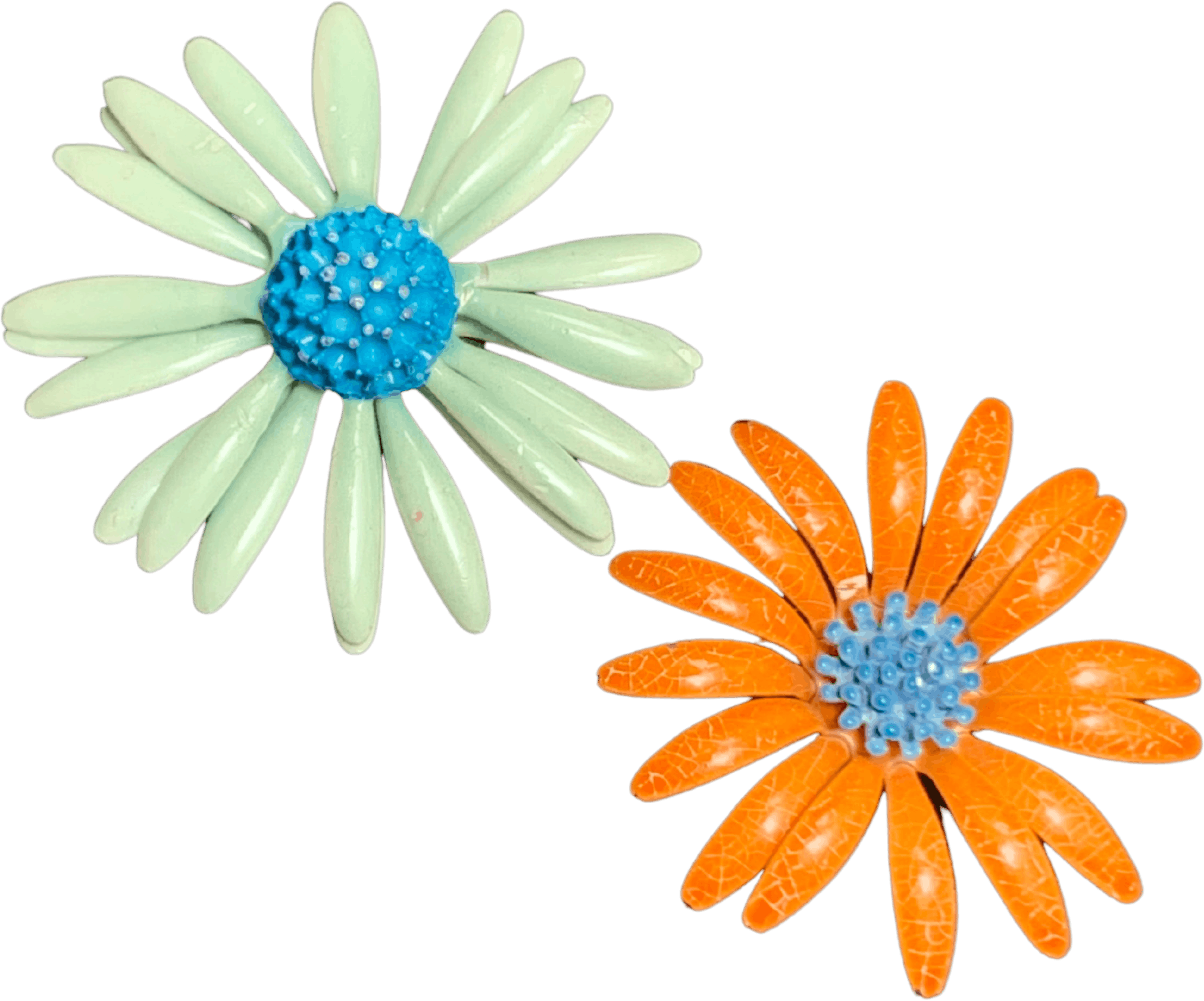 Vintage 60's Two Green and Orange Enamel Daisy Pins | Shop THRILLING