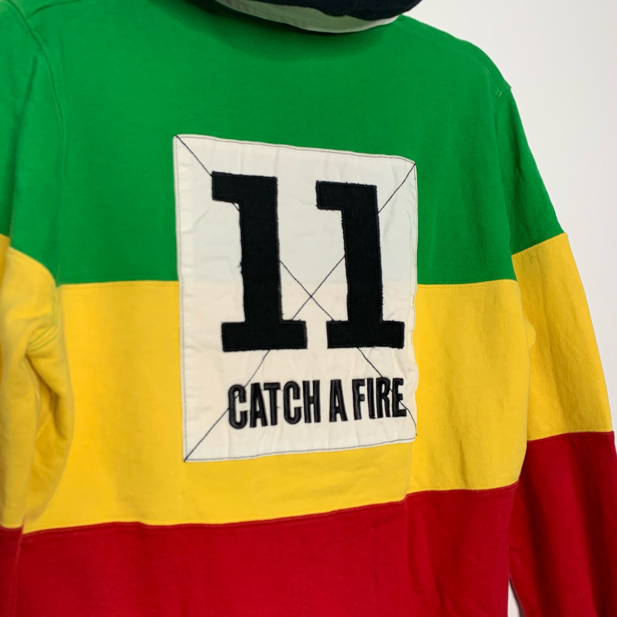 Vintage Red, Yellow and Green "Catch a Fire" #11 Rugby Style Hoodie ...