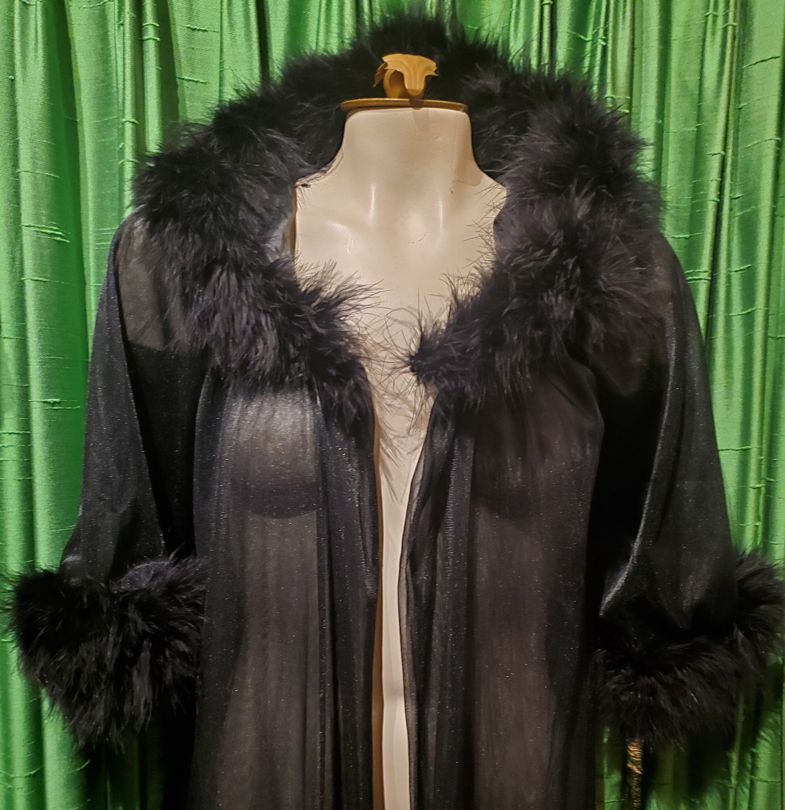 Vintage 60s 70s Black Sheer Robe with Maribu Feather Trim | Shop THRILLING