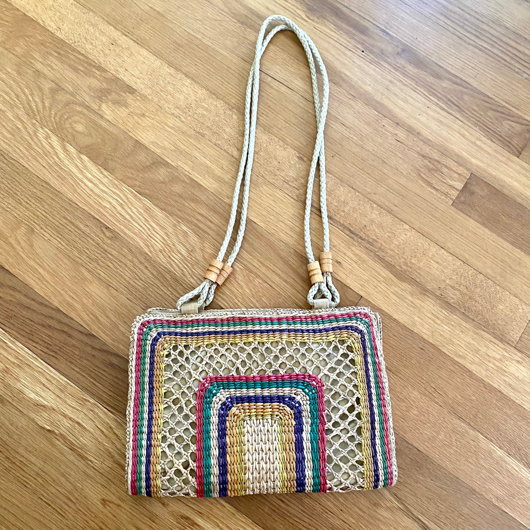 Vintage 70s Rainbow Striped Woven Straw Shoulder Bag | Shop THRILLING