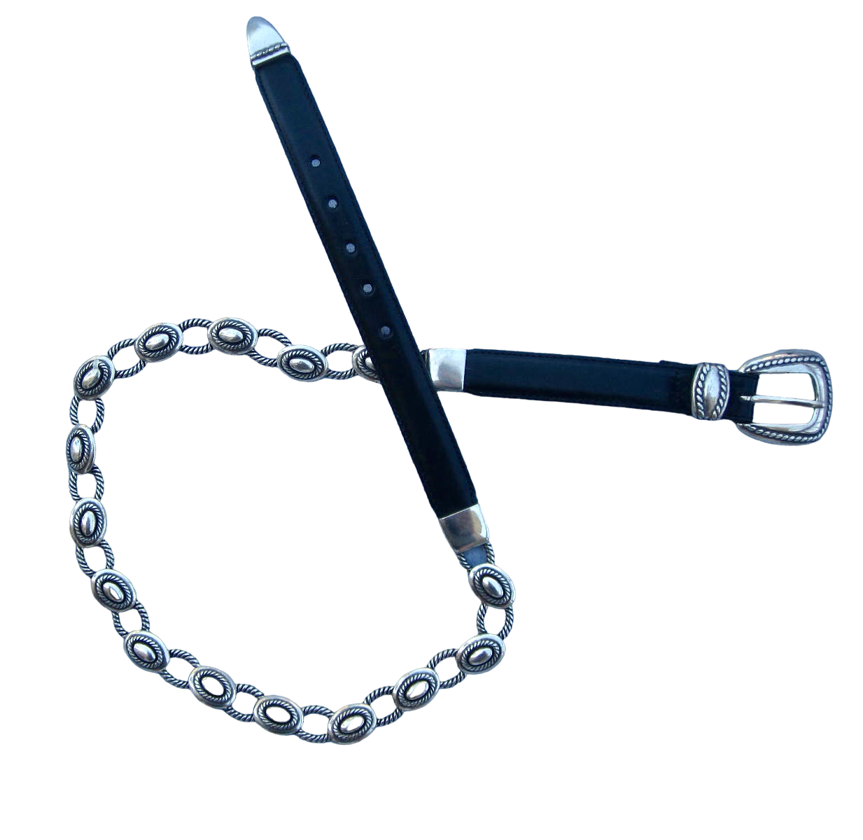 Vintage 90s Silver Chain Link Belt Black Leather Tabs Western By Hunt ...