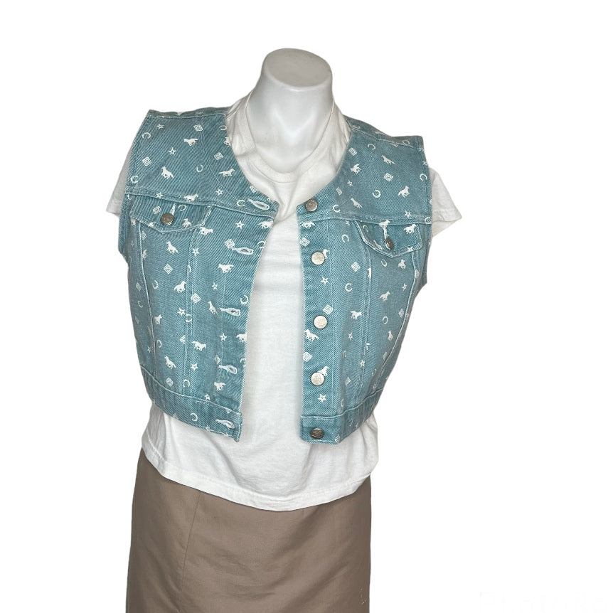 Vintage Sleeveless Denim Jacket Vest Cowgirl Cropped Blue By Roper ...