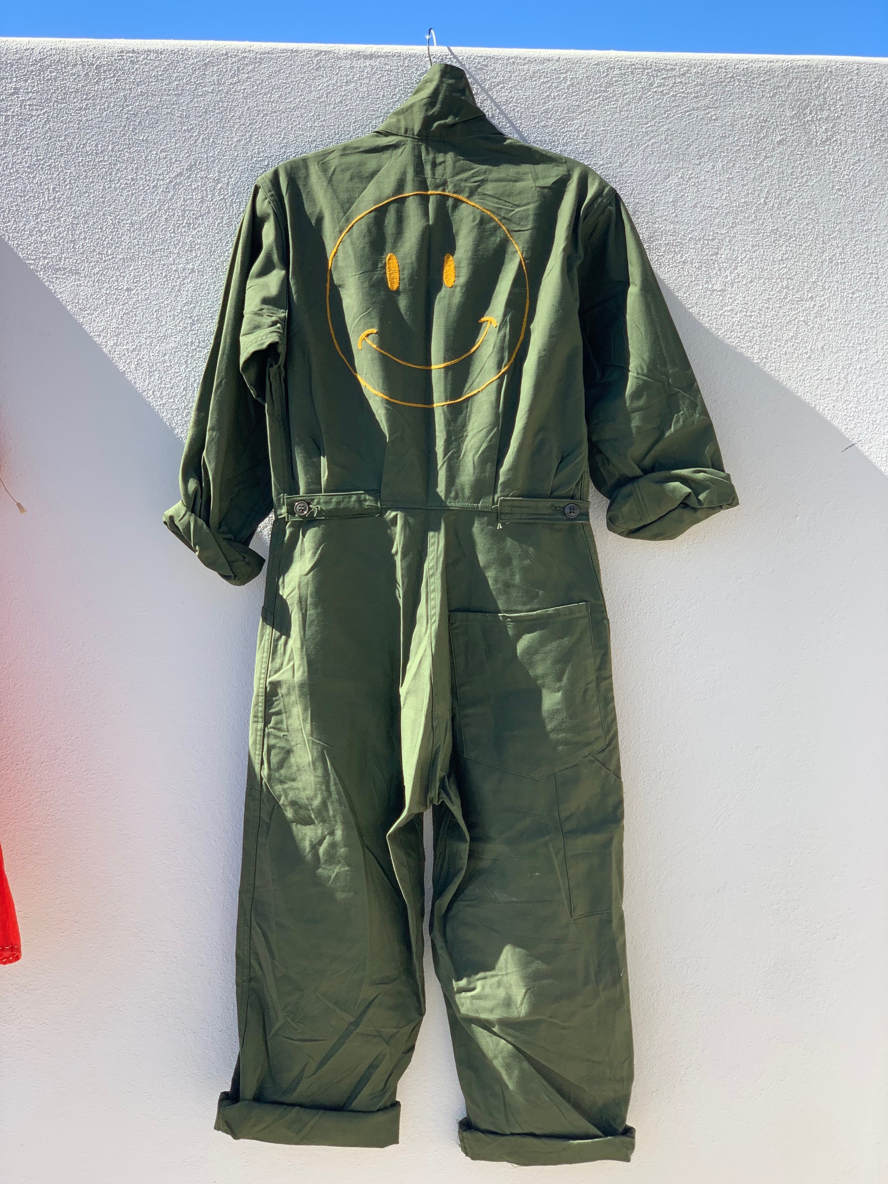 Vintage Green Utility Jumper with Happy Face Embroidery | Shop THRILLING