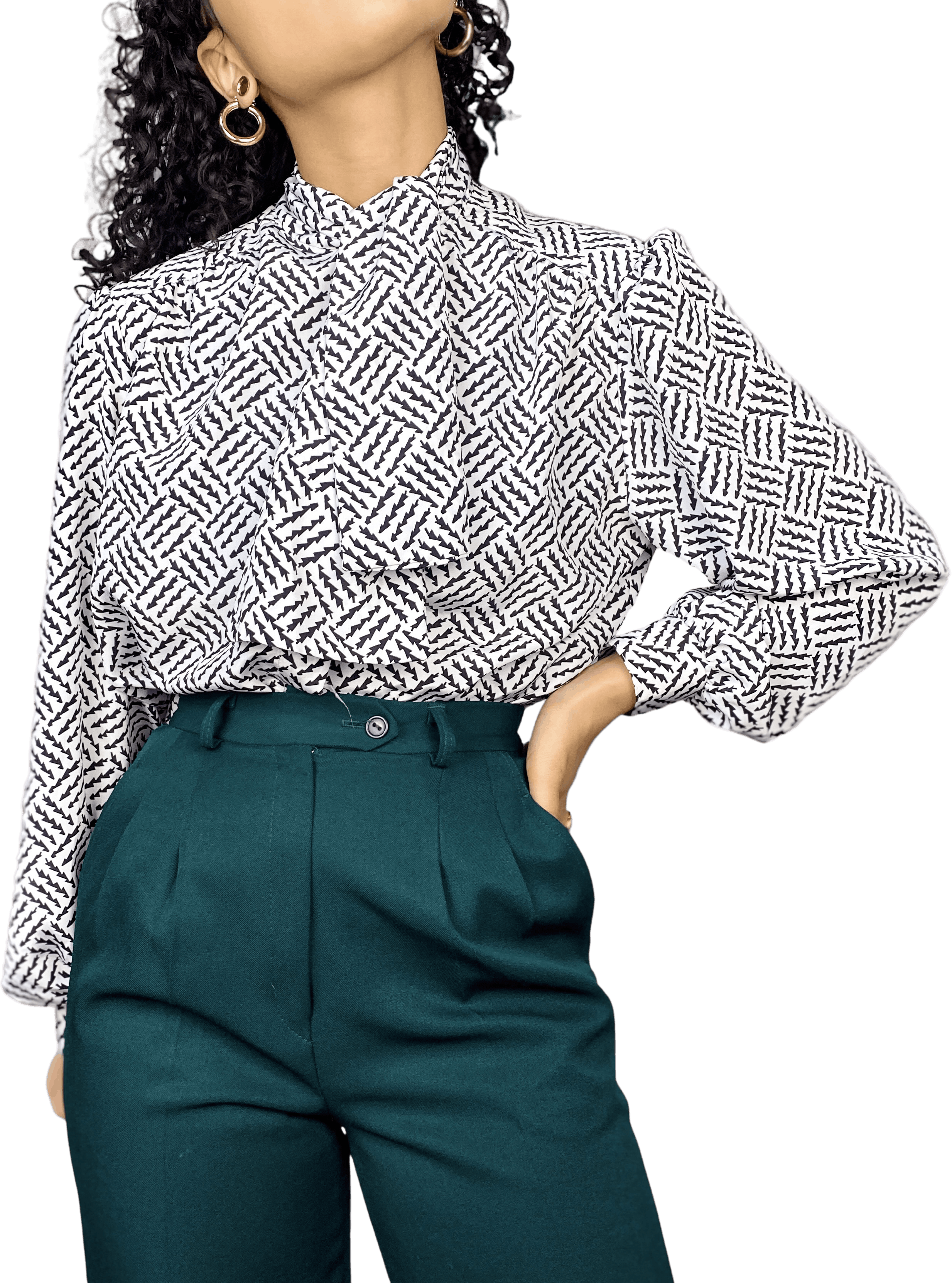 Vintage Women's White Blouse with Black Abstract Print by Tan Jay ...