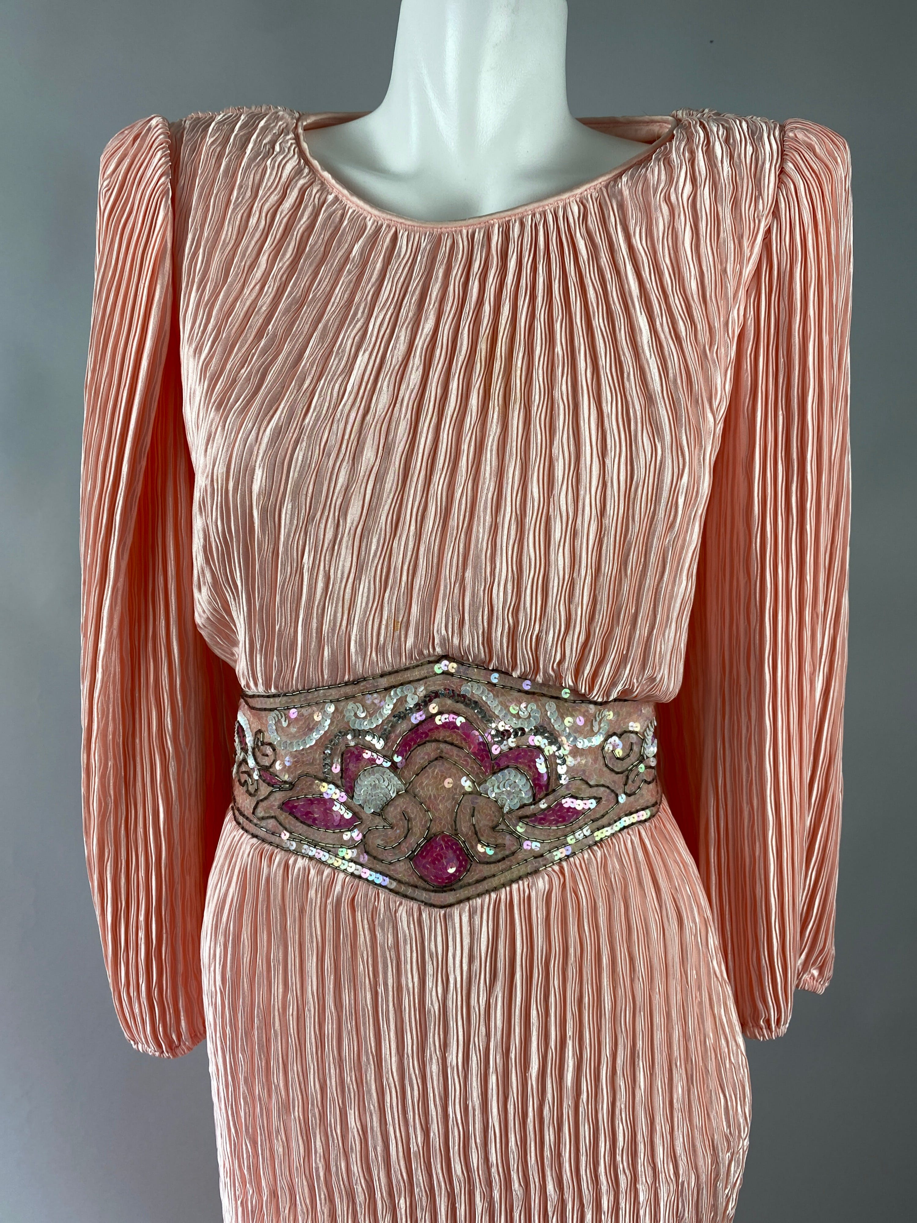 Vintage 80's Pink Accordion Pleat Sequin Waist Belt Dress by Edith ...