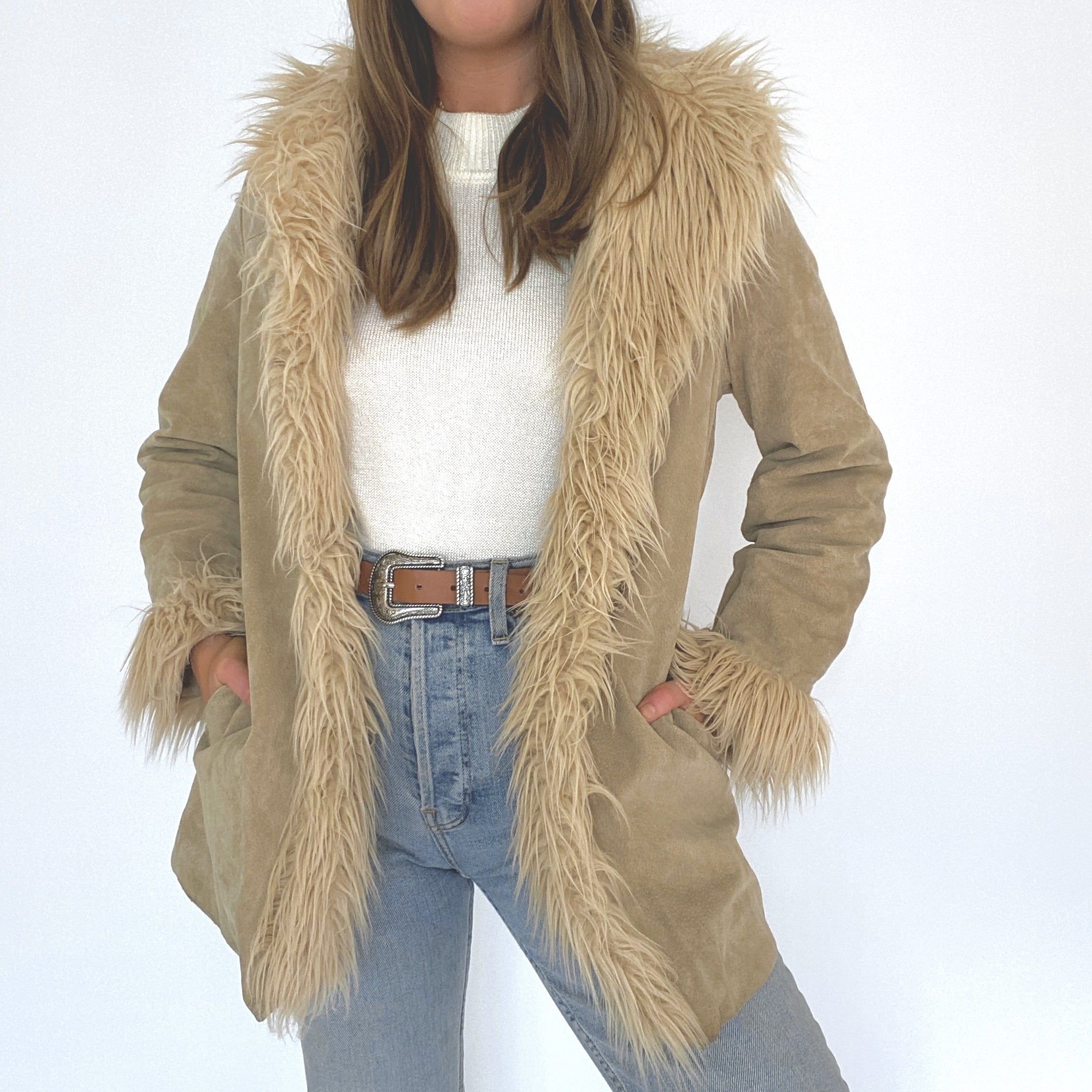 Vintage 90s/00s Tan Suede Faux Fur Coat | Shop THRILLING