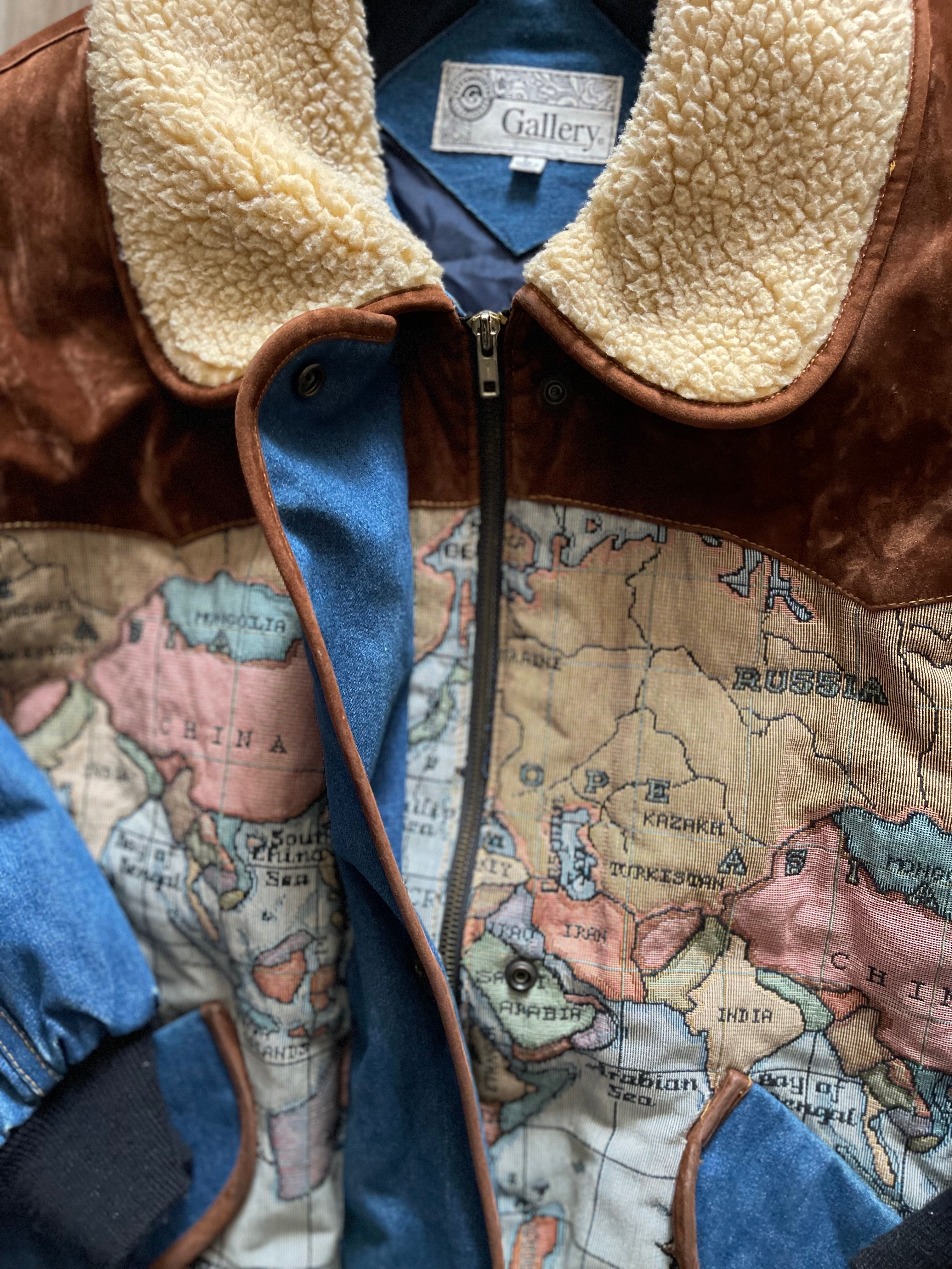 Vintage 90s Sherpa Map Print Denim Bomber Jacket By Gallery | Shop ...